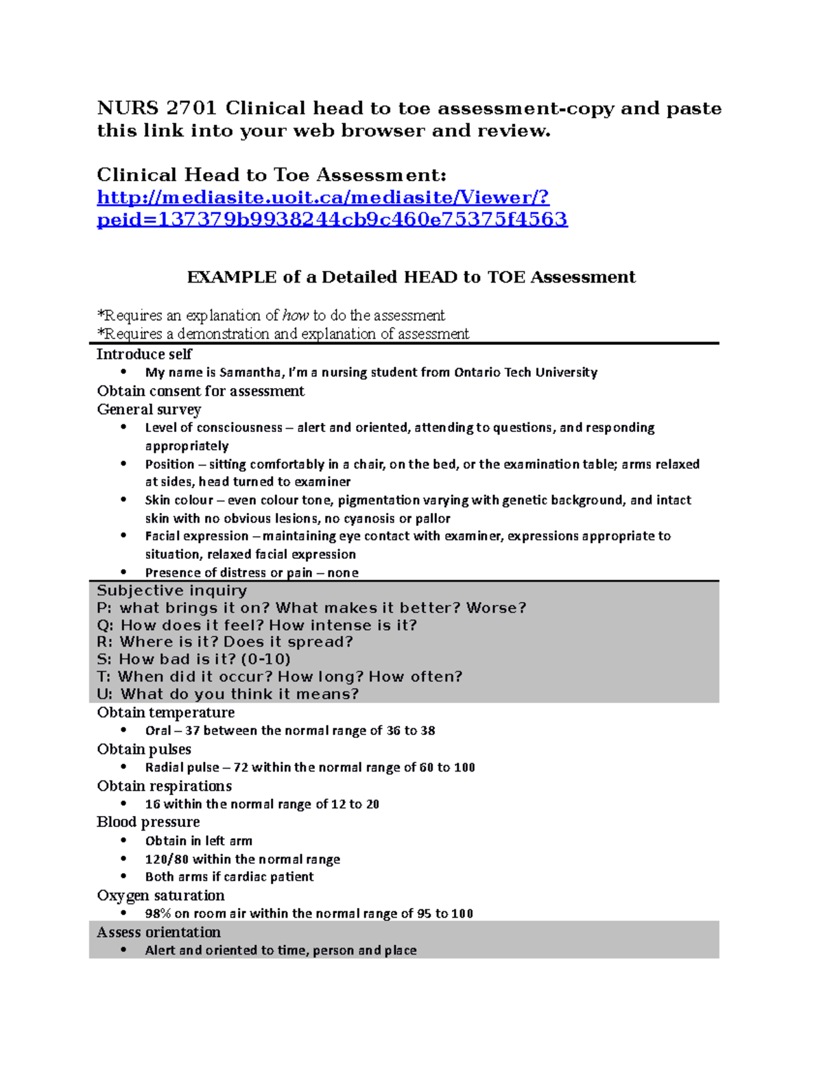 NURS 2701 Clinical head to toe assessment video and Example of Detailed ...