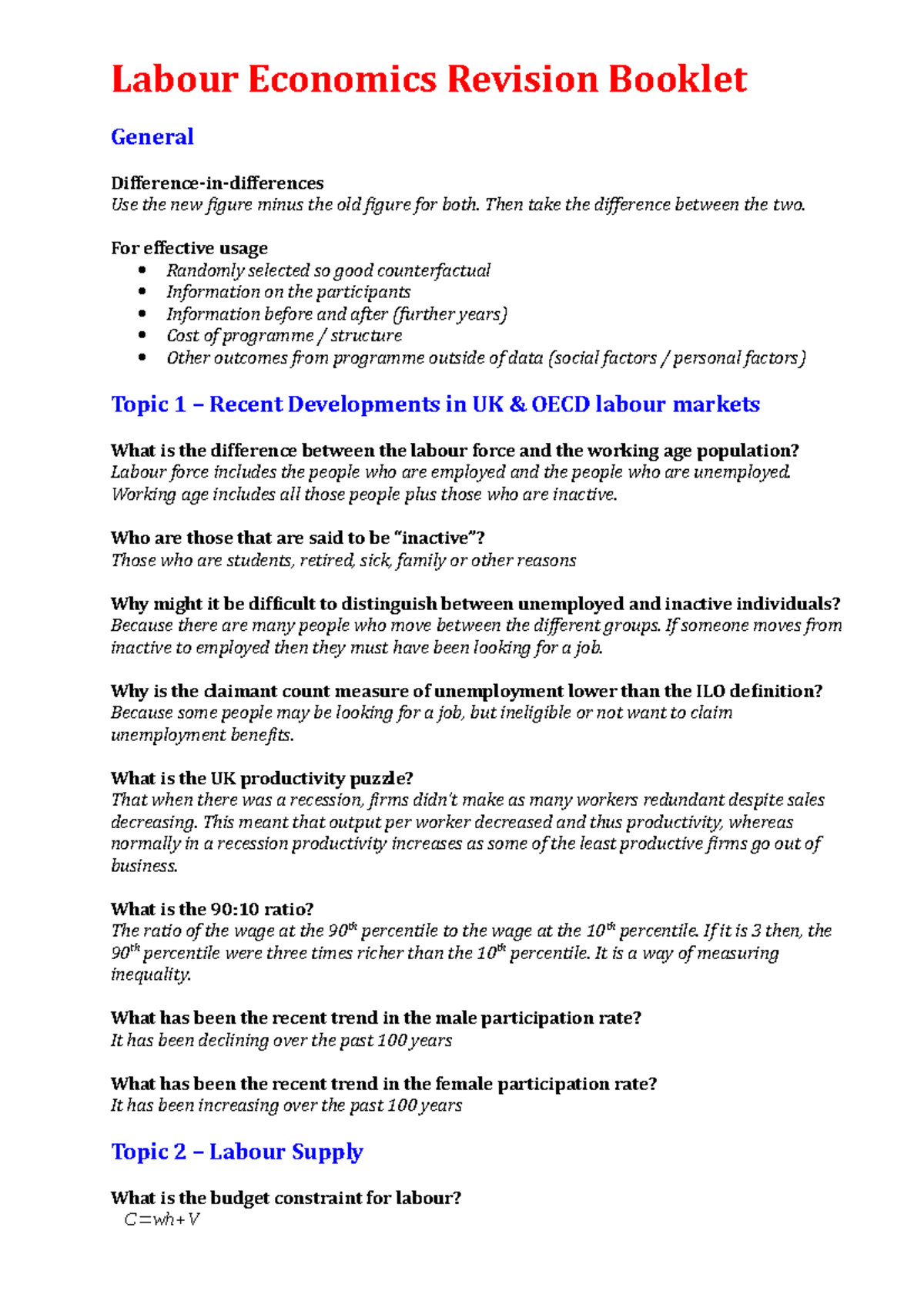 Labour Economics Revision Booklet - Labour Economics Revision Booklet ...