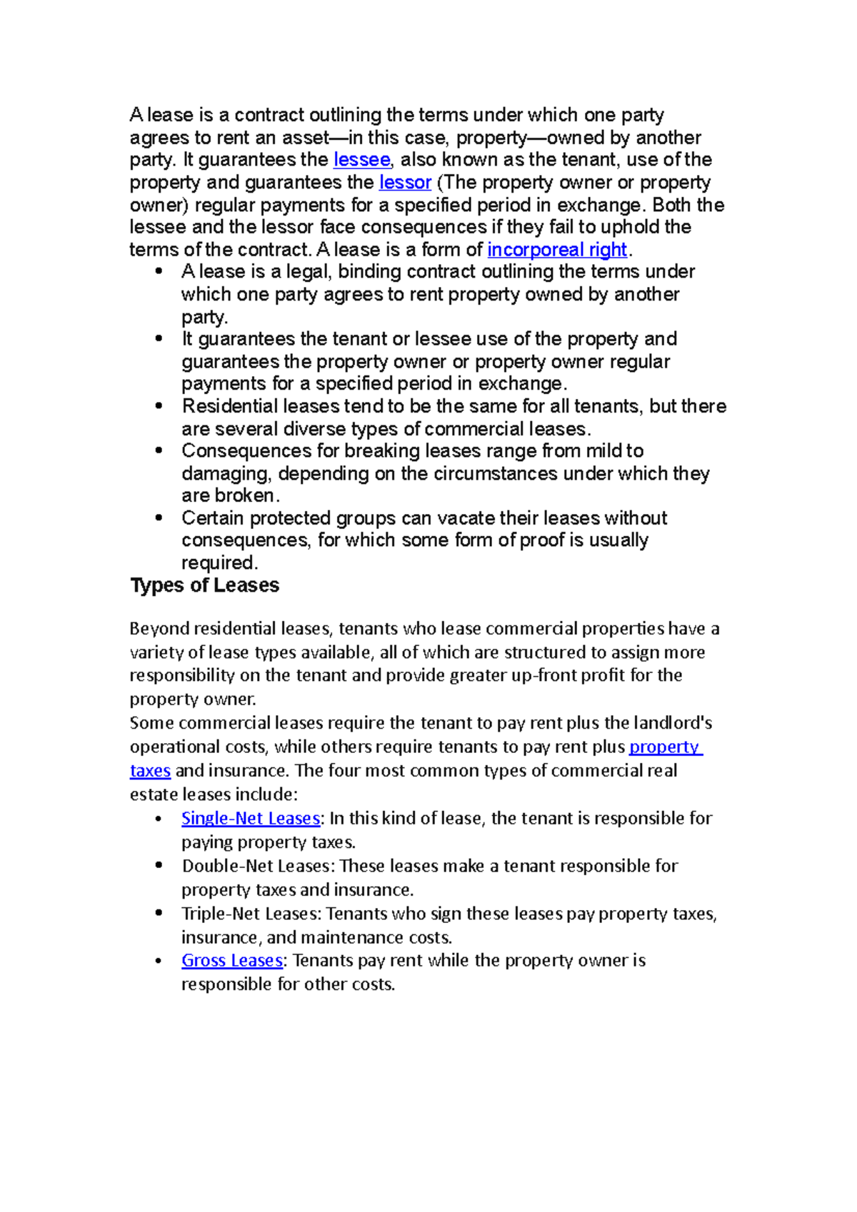 Introduction 1 - material - A lease is a contract outlining the terms ...
