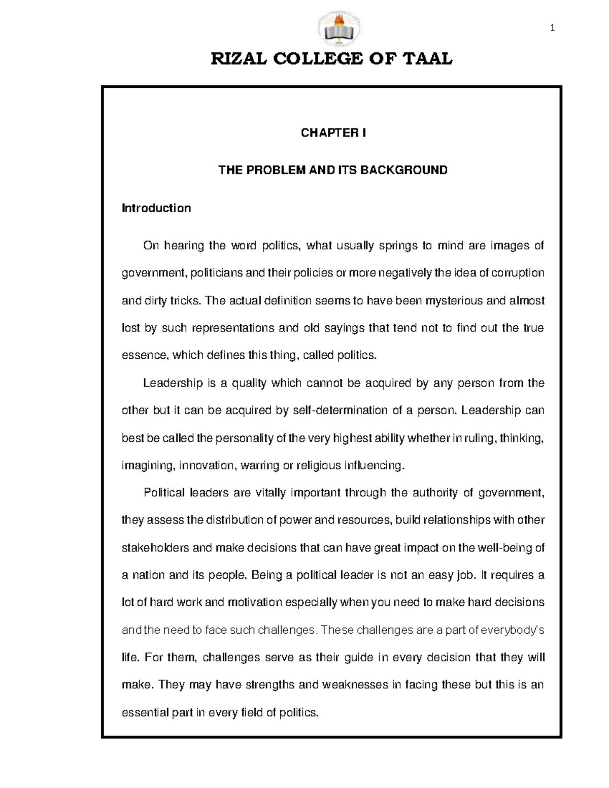 PR1- Format- Chapter-1-4 - RIZAL COLLEGE OF TAAL CHAPTER I THE PROBLEM ...