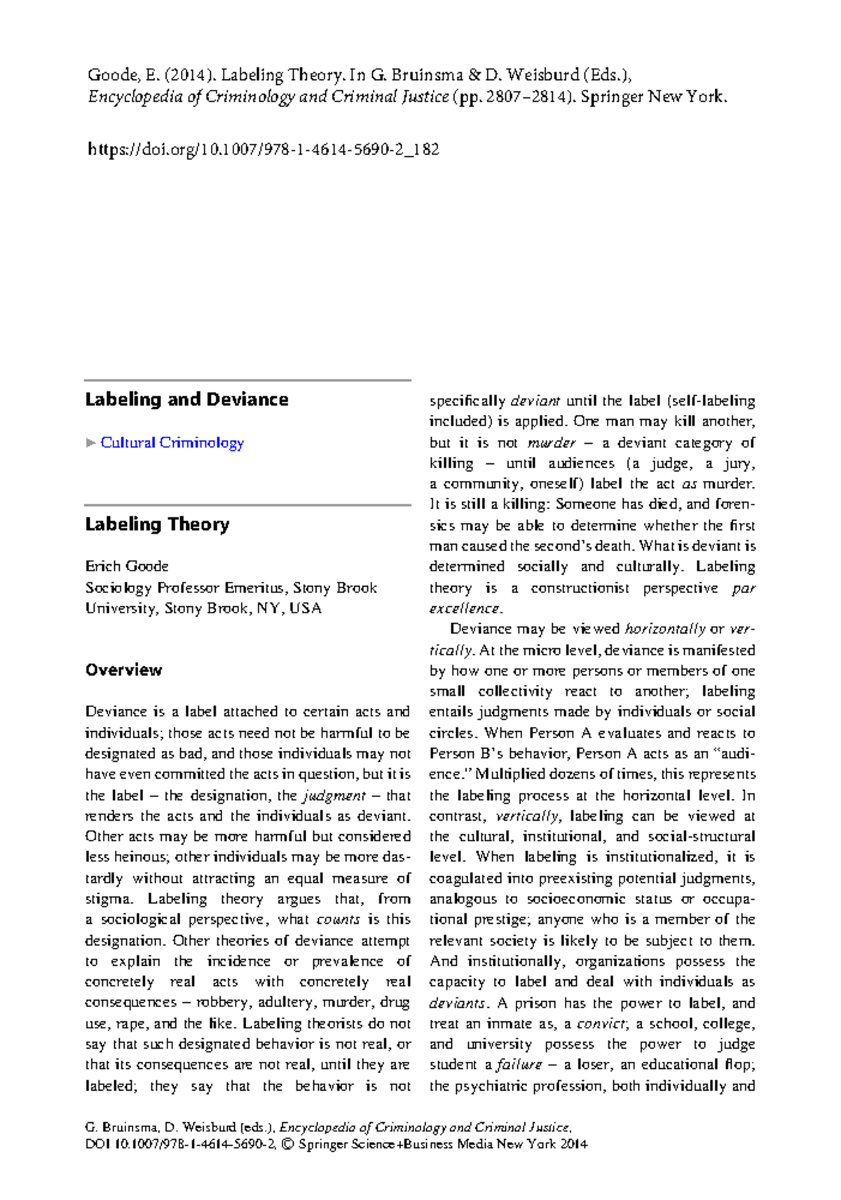 Eric Goode, 2014 , Labeling Theory In Encyclopedia of Criminology ...