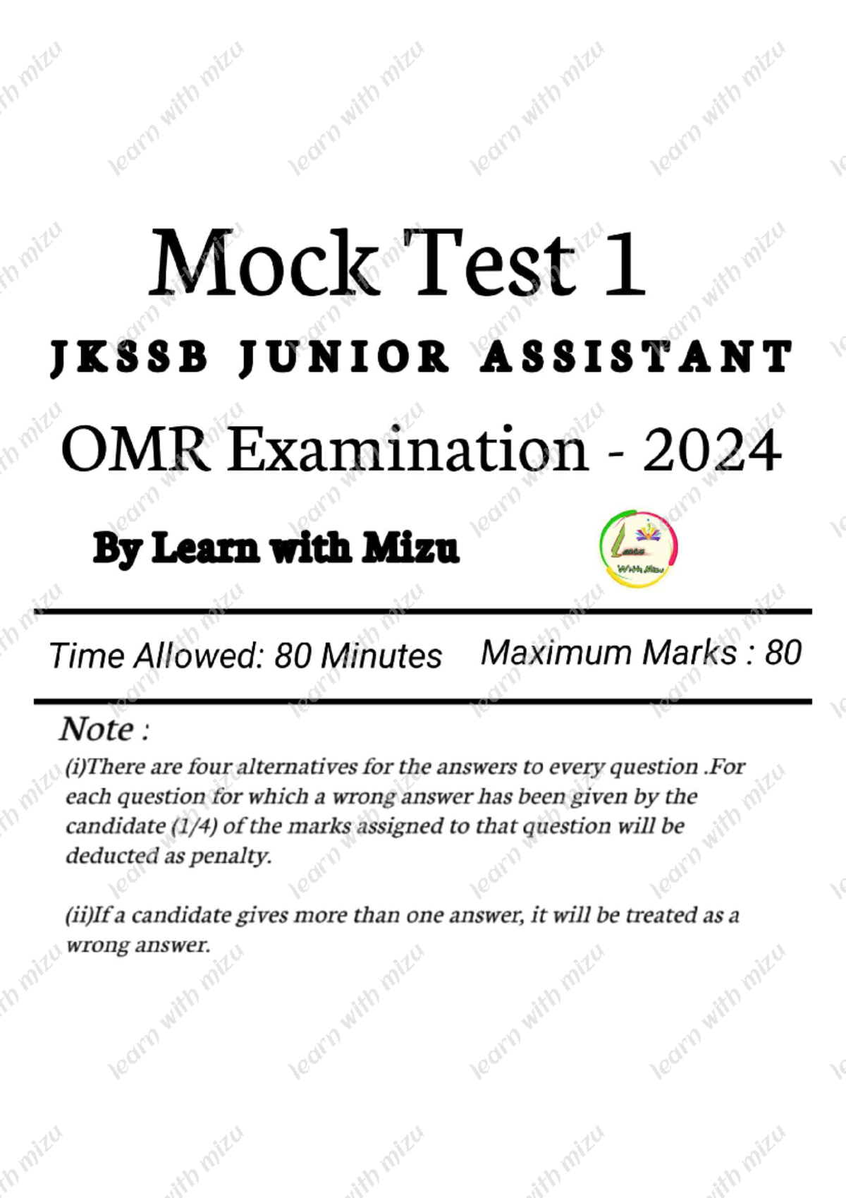 Mock test 1 Junior assistant by learn with mizu - Mock Test 1 JKSSB ...