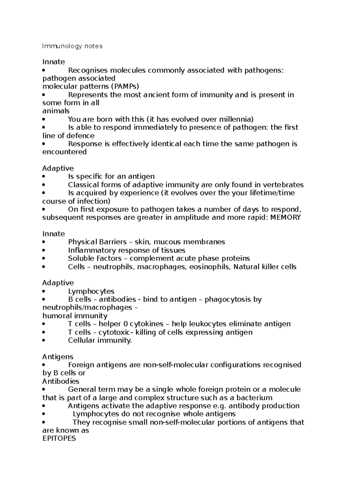 Immunology notes - Immunology notes Innate Recognises molecules ...