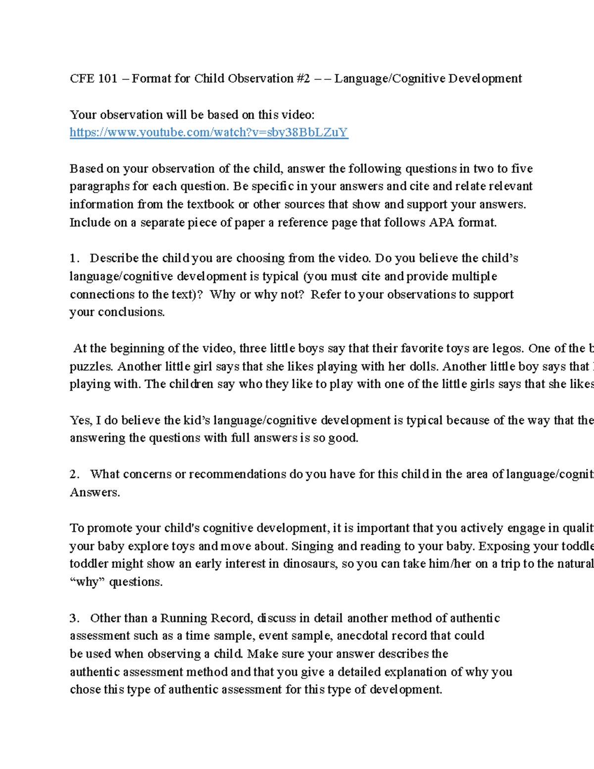 CFE 101 -Observation 2 - child development - CFE 101 – Format for Child ...