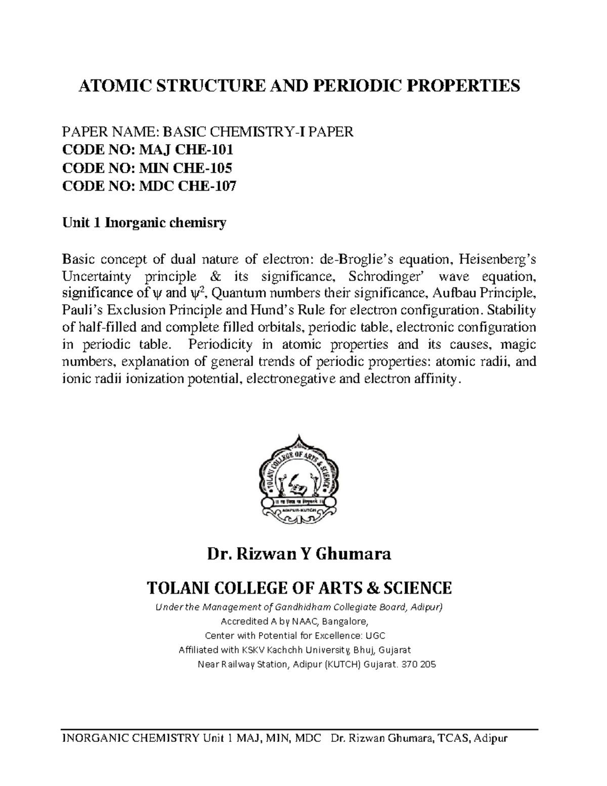 Atomic Structure AND Periodic Properties - ATOMIC STRUCTURE AND ...