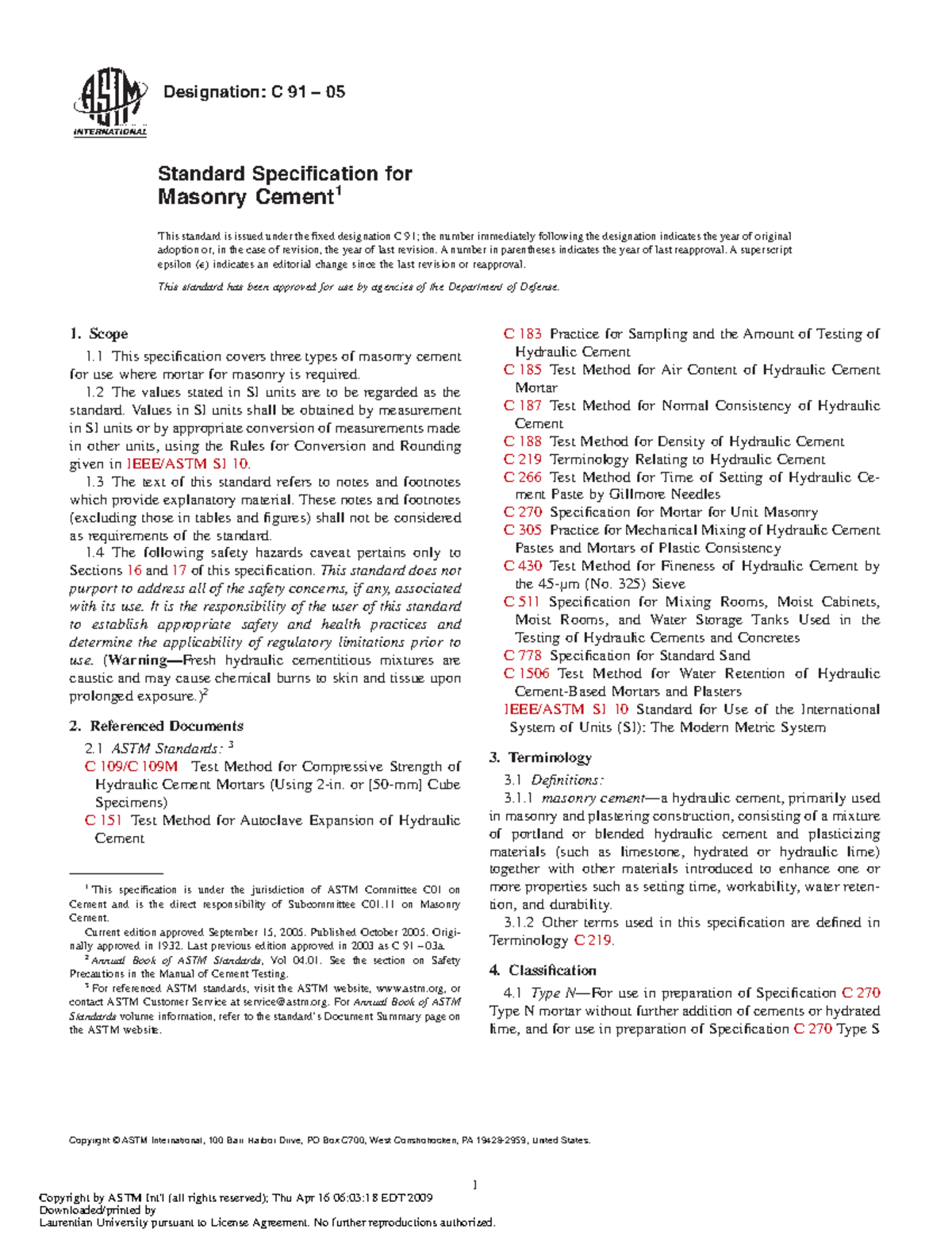 C91 - ESTANDAR - Designation: C 91 – 05 Standard Specification for ...