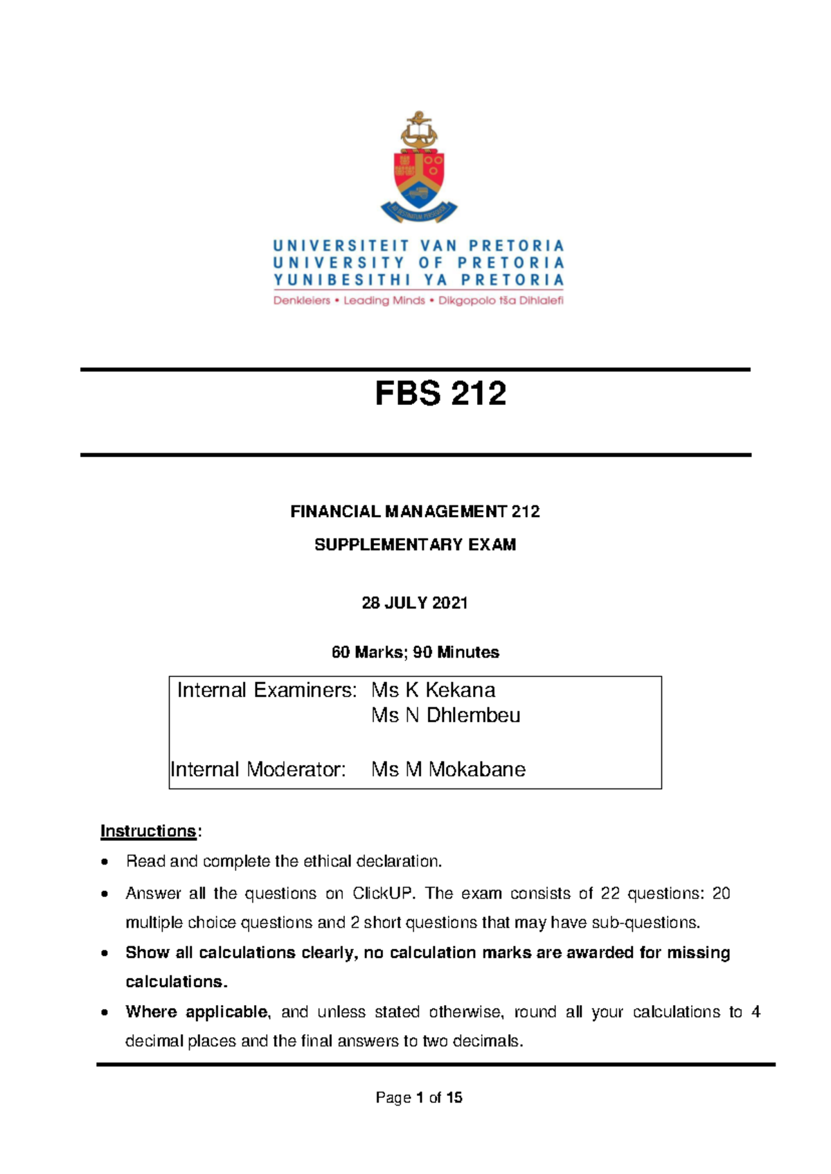 2021 FBS 212 SUPP EXAM - Practice material - FBS 212 FINANCIAL ...