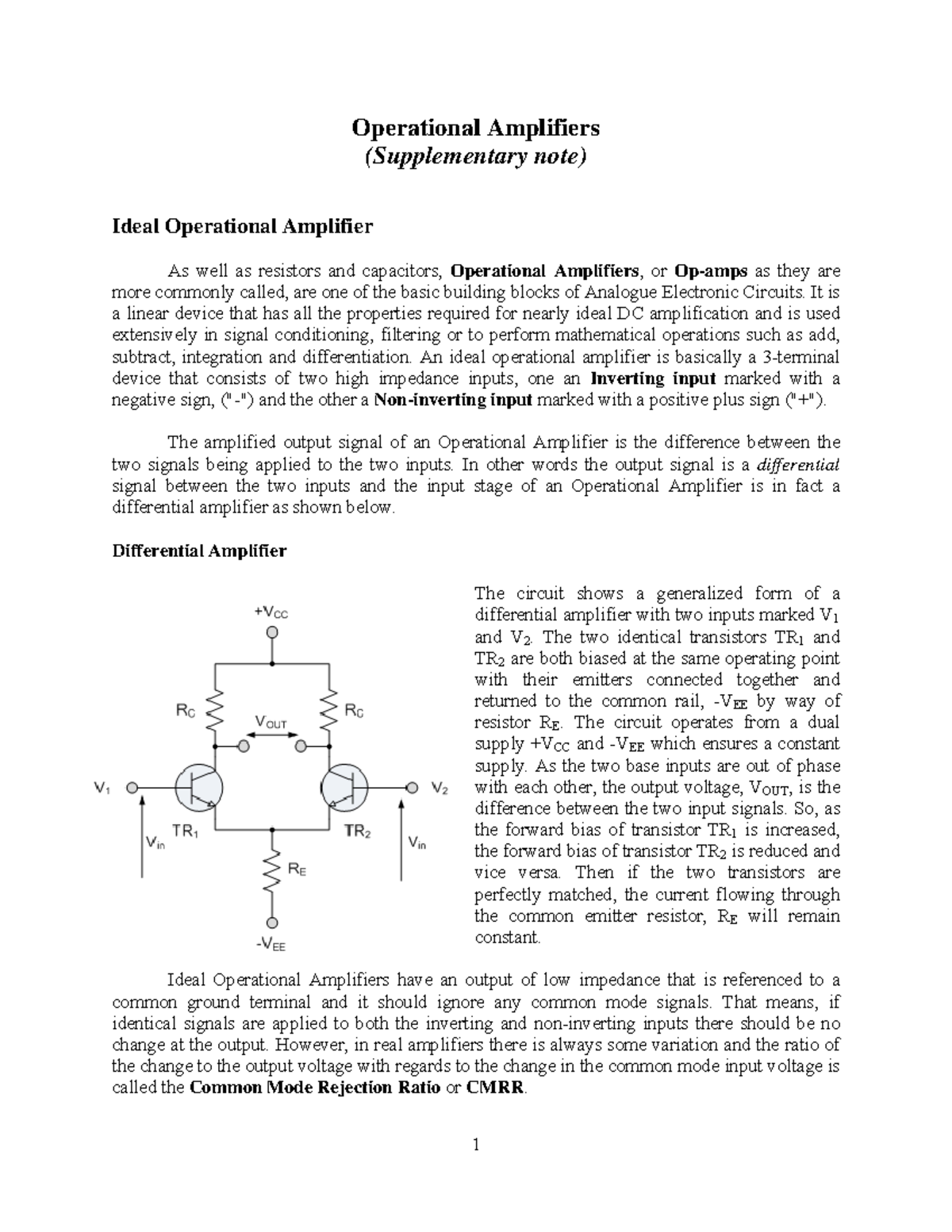 Advanced Electronics Manual - Operational Amplifiers (Supplementary note) Ideal Operational ...