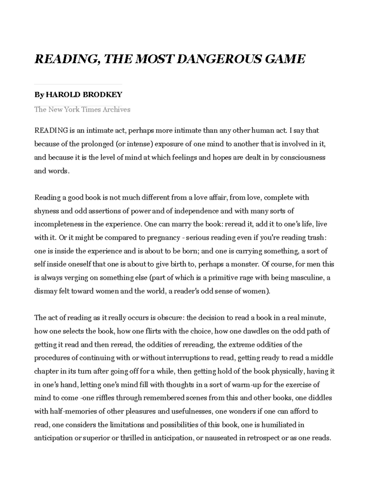 Reading the Most Dangerous Game - READING, THE MOST DANGEROUS GAME By ...