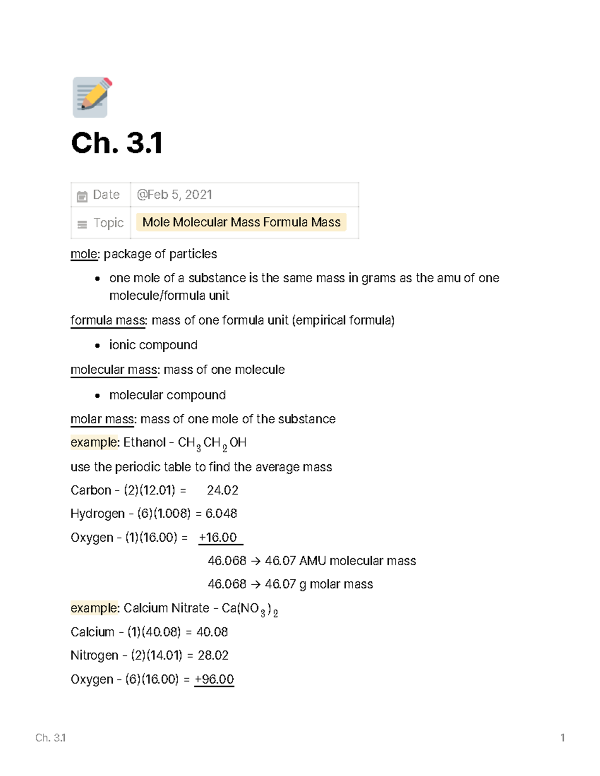 Ch - Lecture notes Ch. 3.1 - Ch. 3 1 📝 Ch. 3. Date Topic Mole Molecular ...