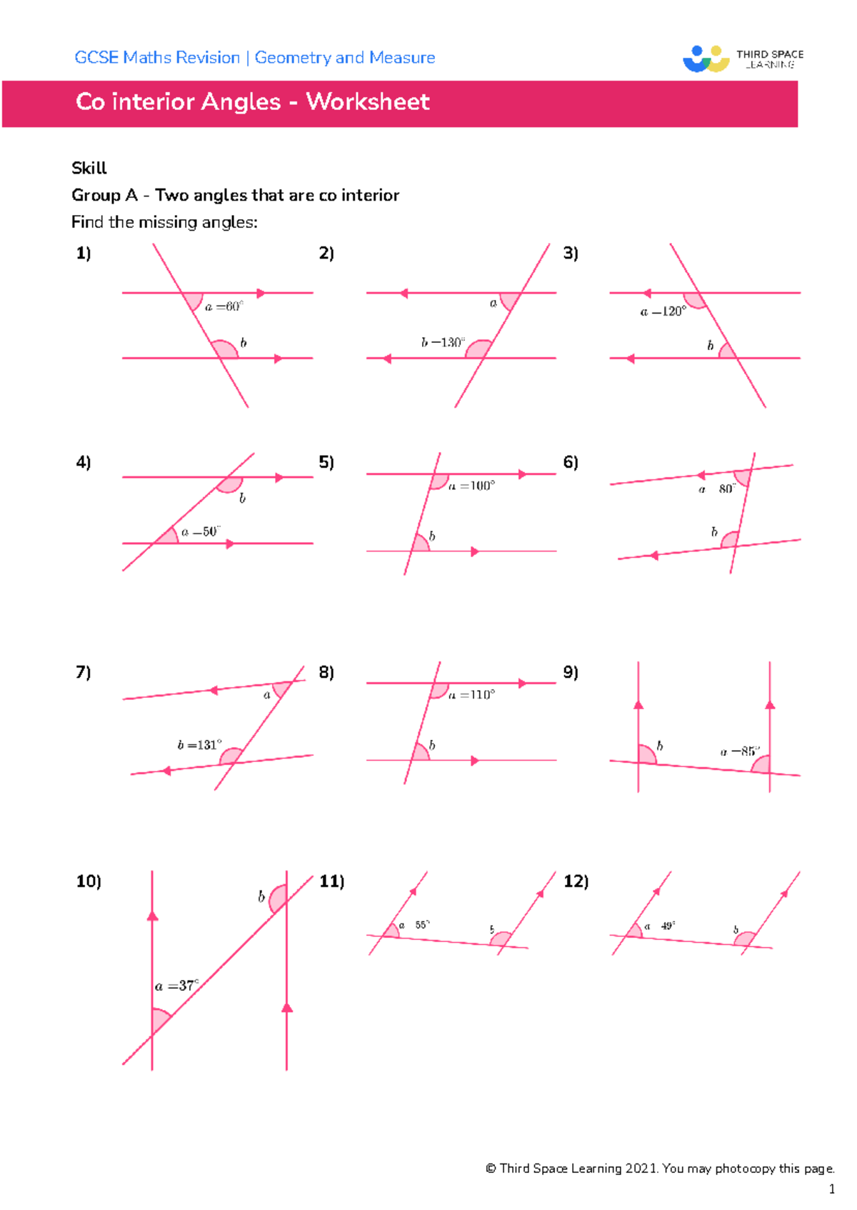 Third Space Learning Co Interior Angles GCSE Worksheet - Co interior ...