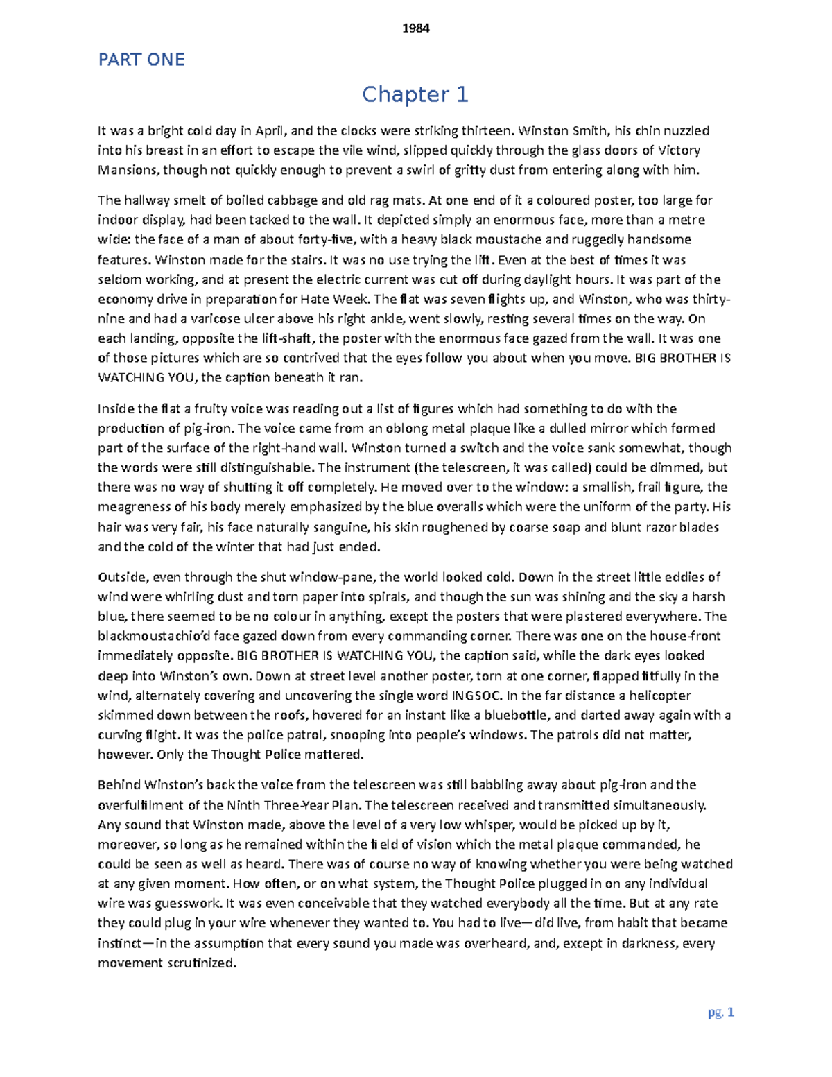 1984 - non - PART ONE Chapter 1 It was a bright cold day in April, and ...