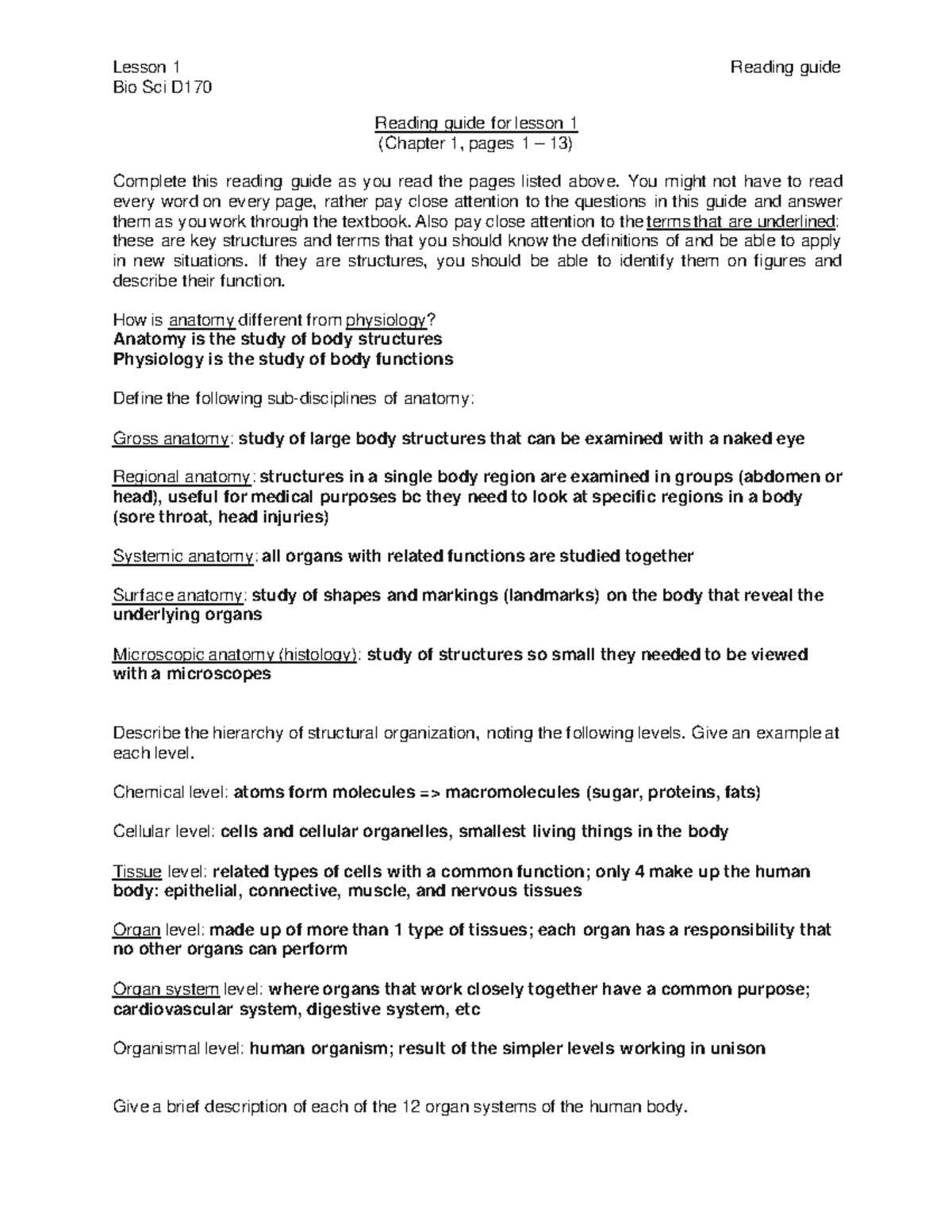 Lesson 1 RG - Lesson 1 Reading guide Bio Sci D Reading guide for lesson ...