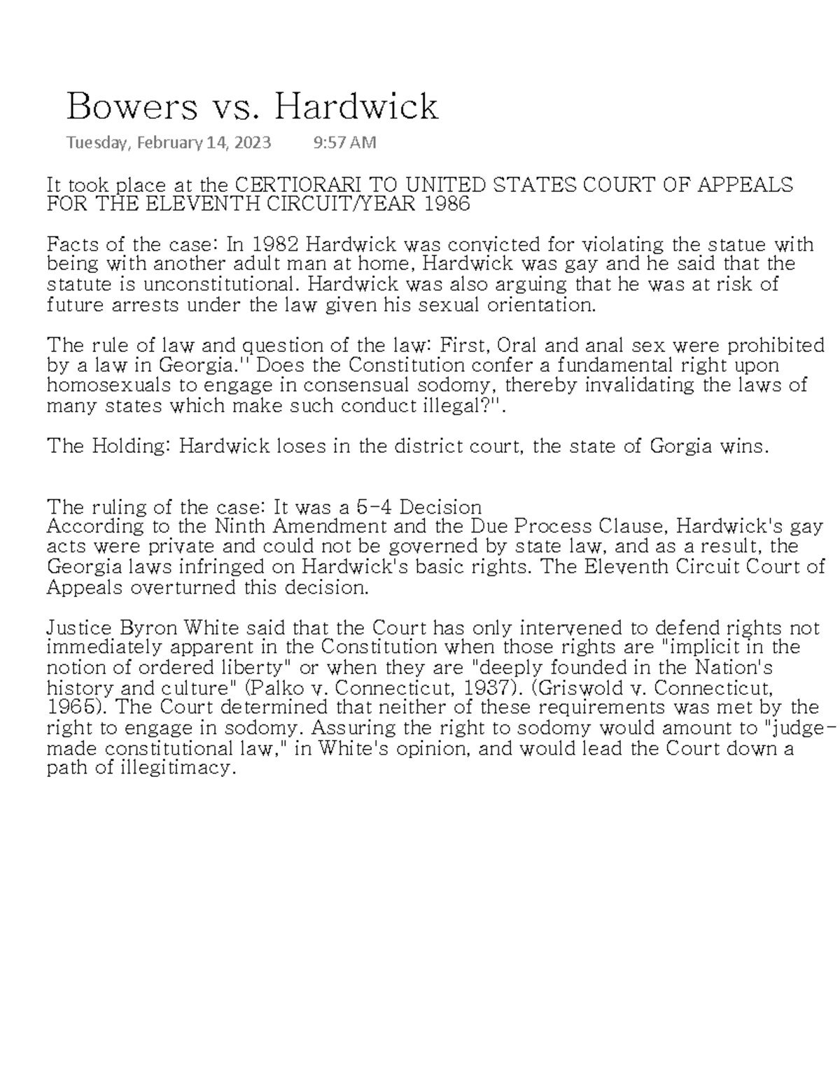 Bowers vs. Hardwick - case briefs and notes - It took place at the ...