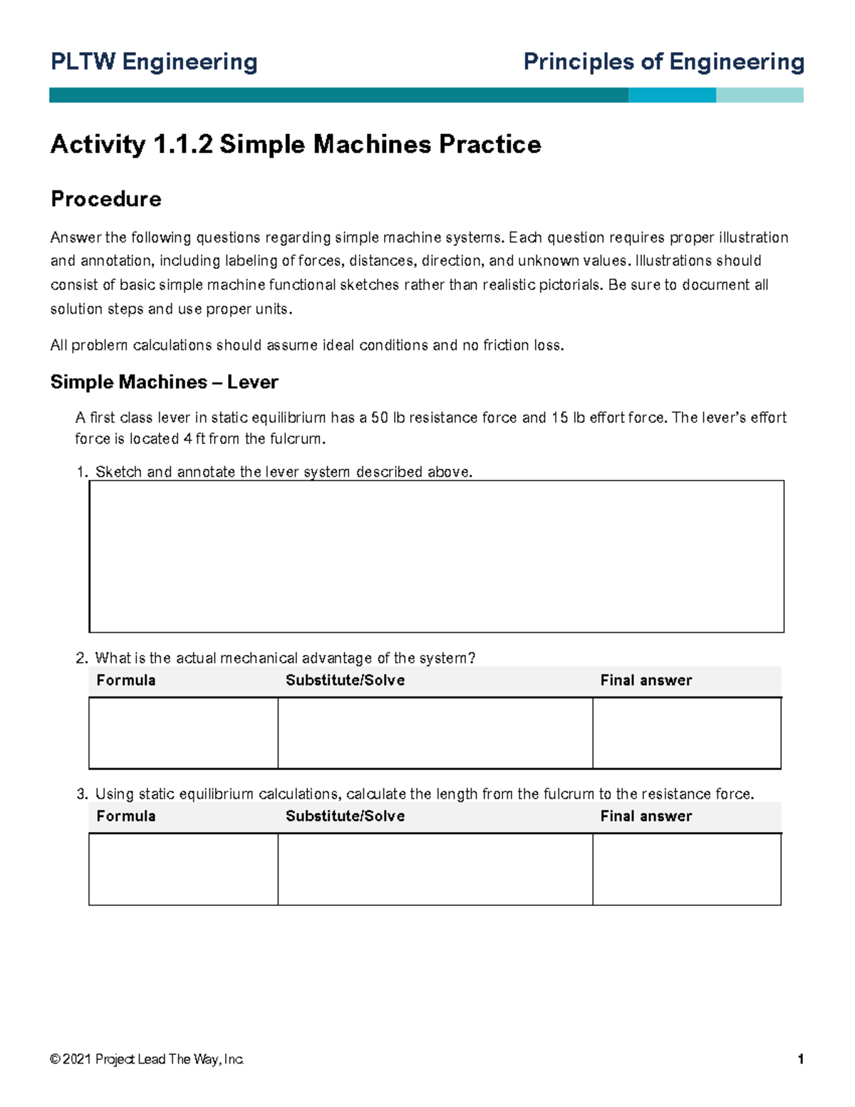 Poe 112 Simple Machines Practice Problems - Activity 1.1 Simple ...