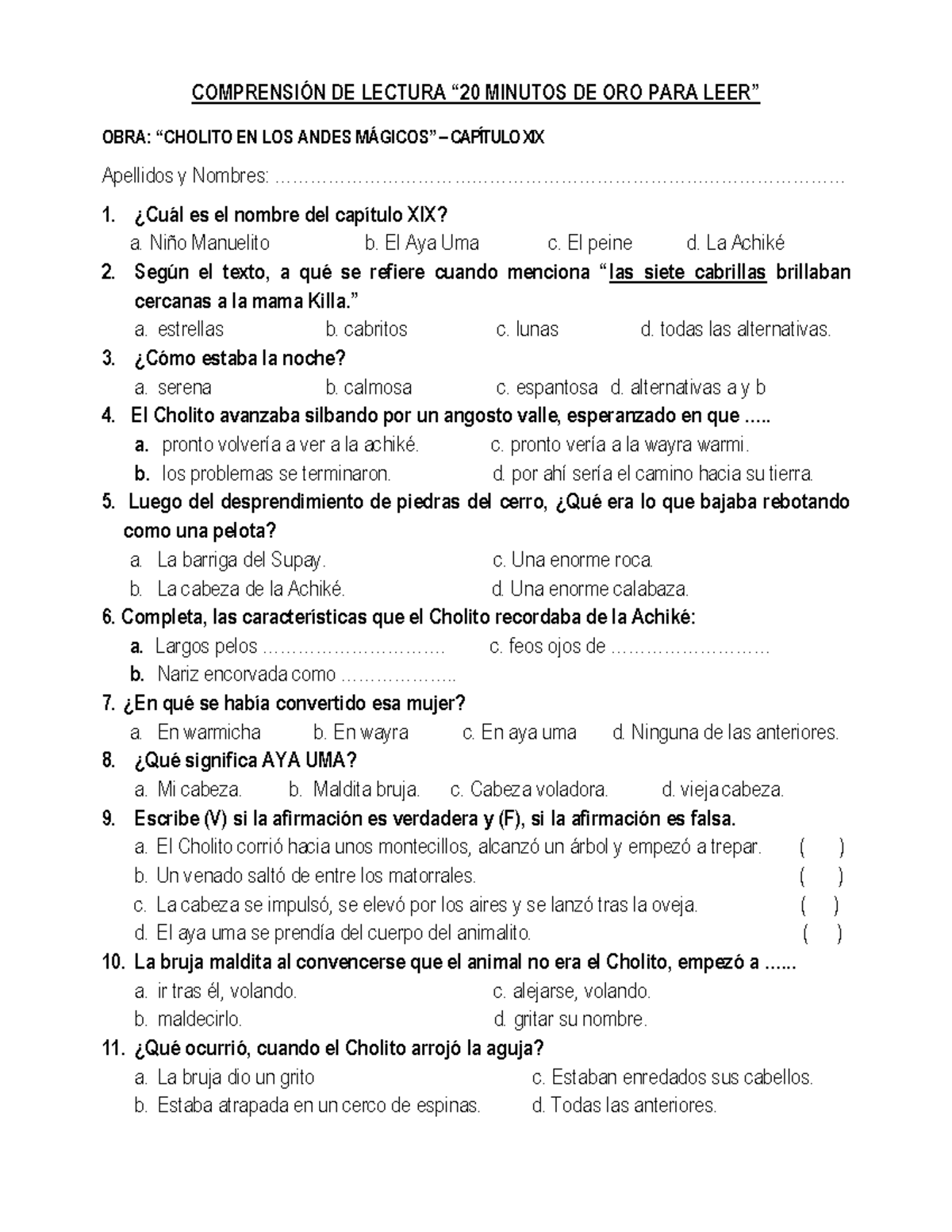 Comprensión Lectora- Cholito EN LOS Ándes Mágicos- Xviii-XIX ...