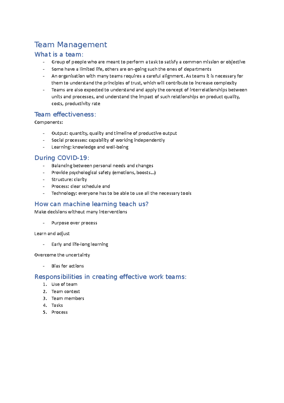 Team management - notes taken in class - Team Management What is a team ...