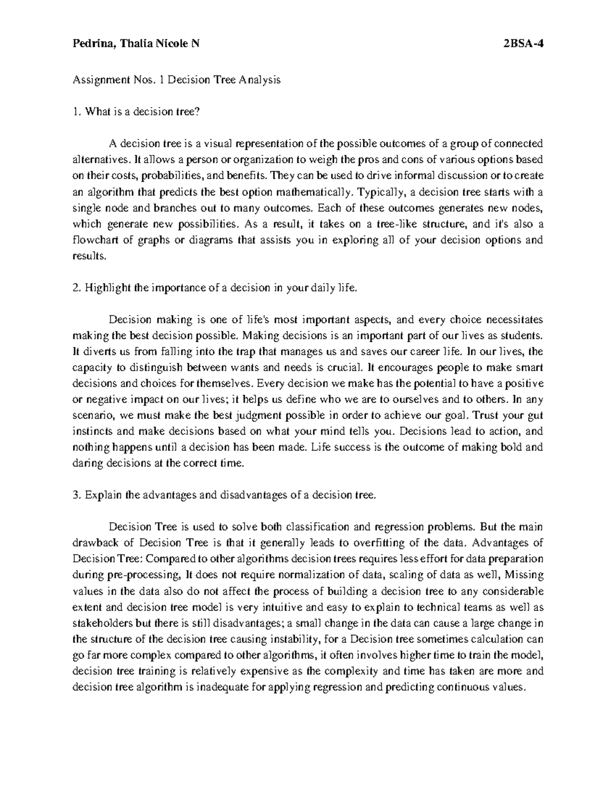 Assignment No.1 Decision Tree Analysis - Pedrina, Thalia Nicole N 2BSA ...