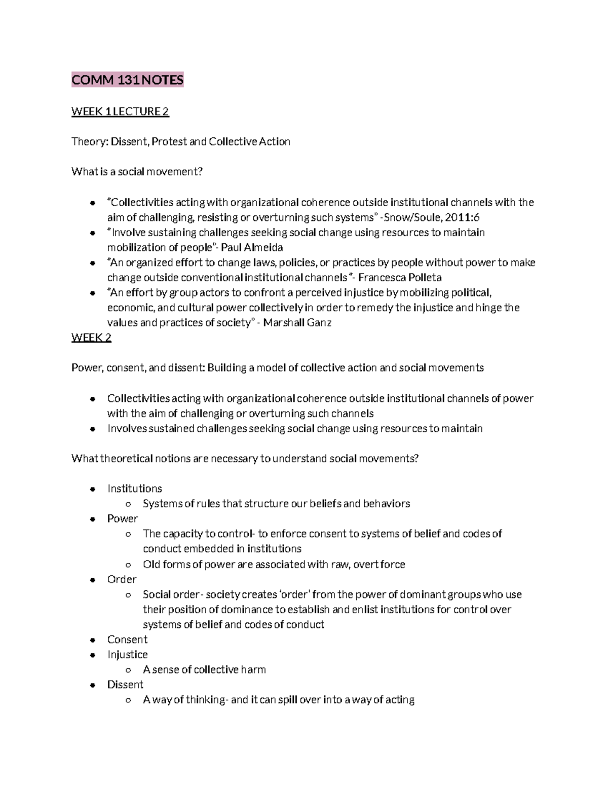 COMM 131 Notes - COMM 131 NOTES WEEK 1 LECTURE 2 Theory: Dissent ...