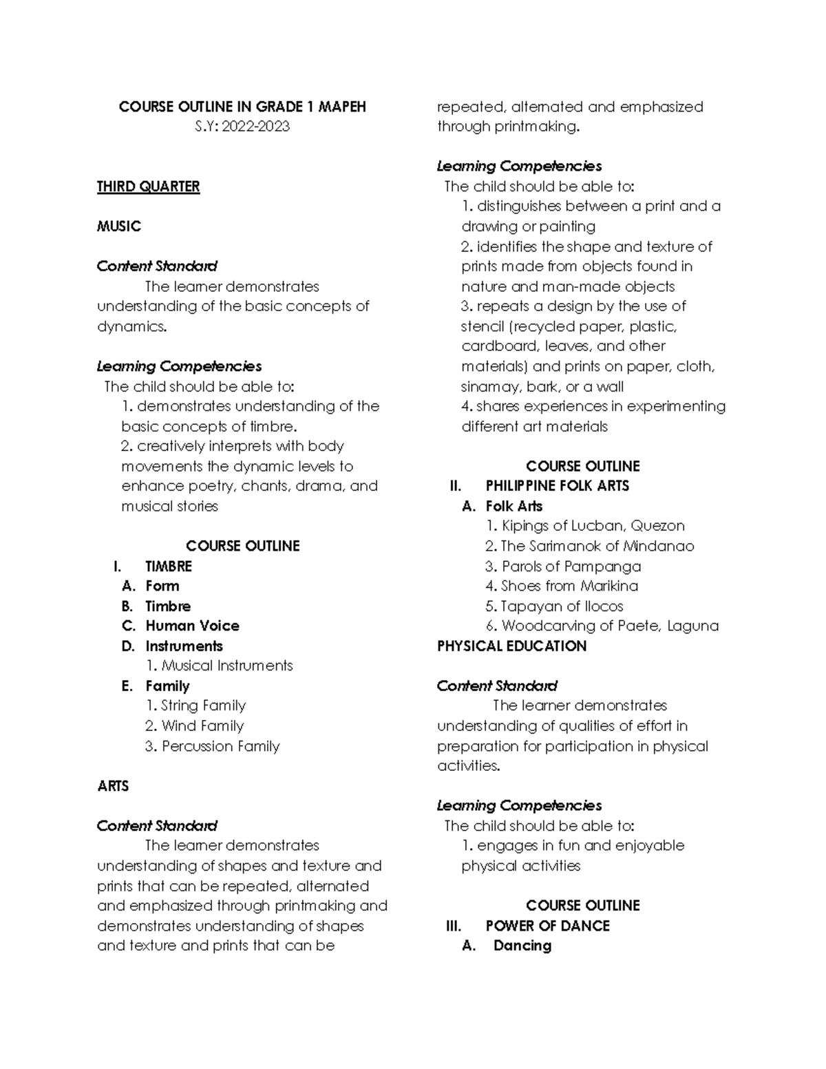Course Outline IN Grade 1 Mapeh - COURSE OUTLINE IN GRADE 1 MAPEH S ...