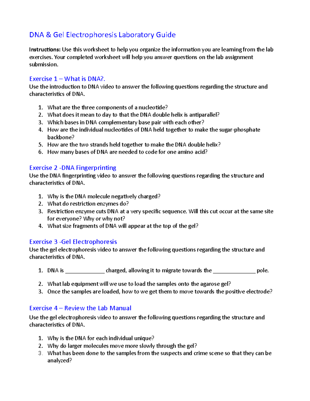 F21 DNA and Gel Electrophoresis Pre-Lab Worksheet - DNA & Gel ...