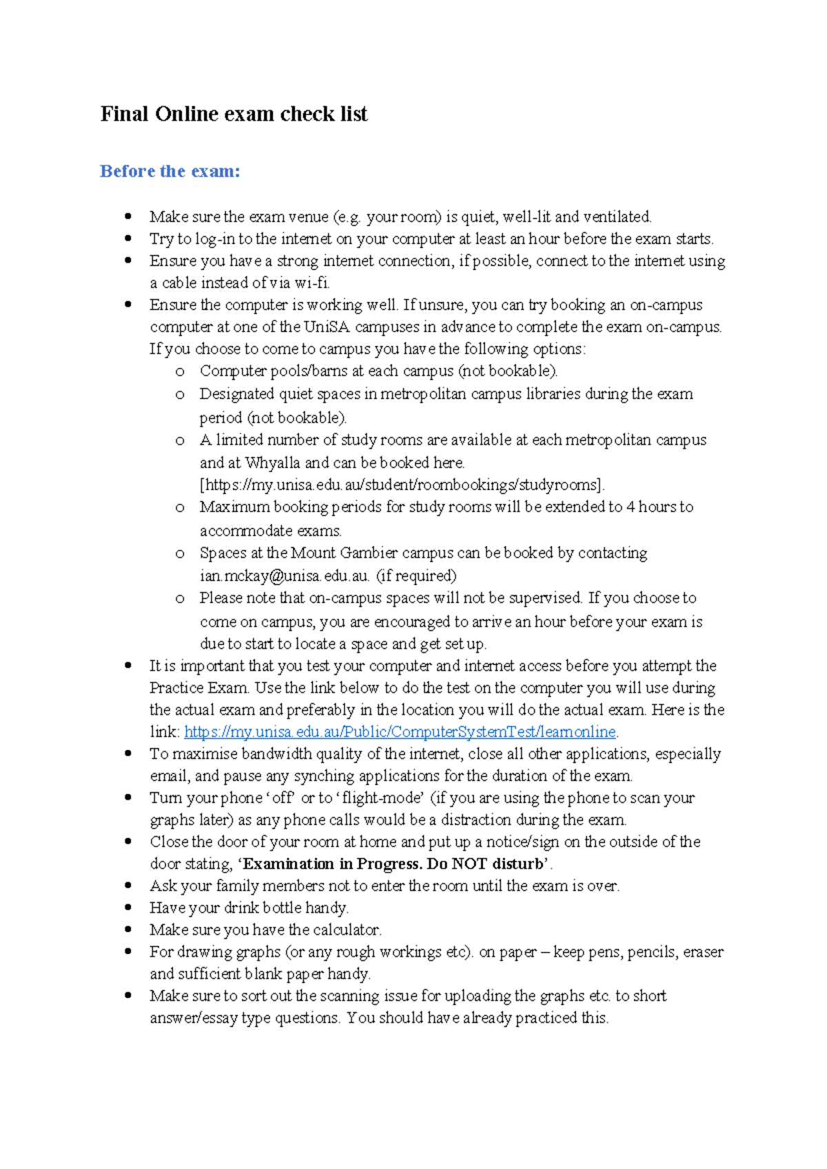 Online exam preparation - Final Online exam check list Before the exam ...