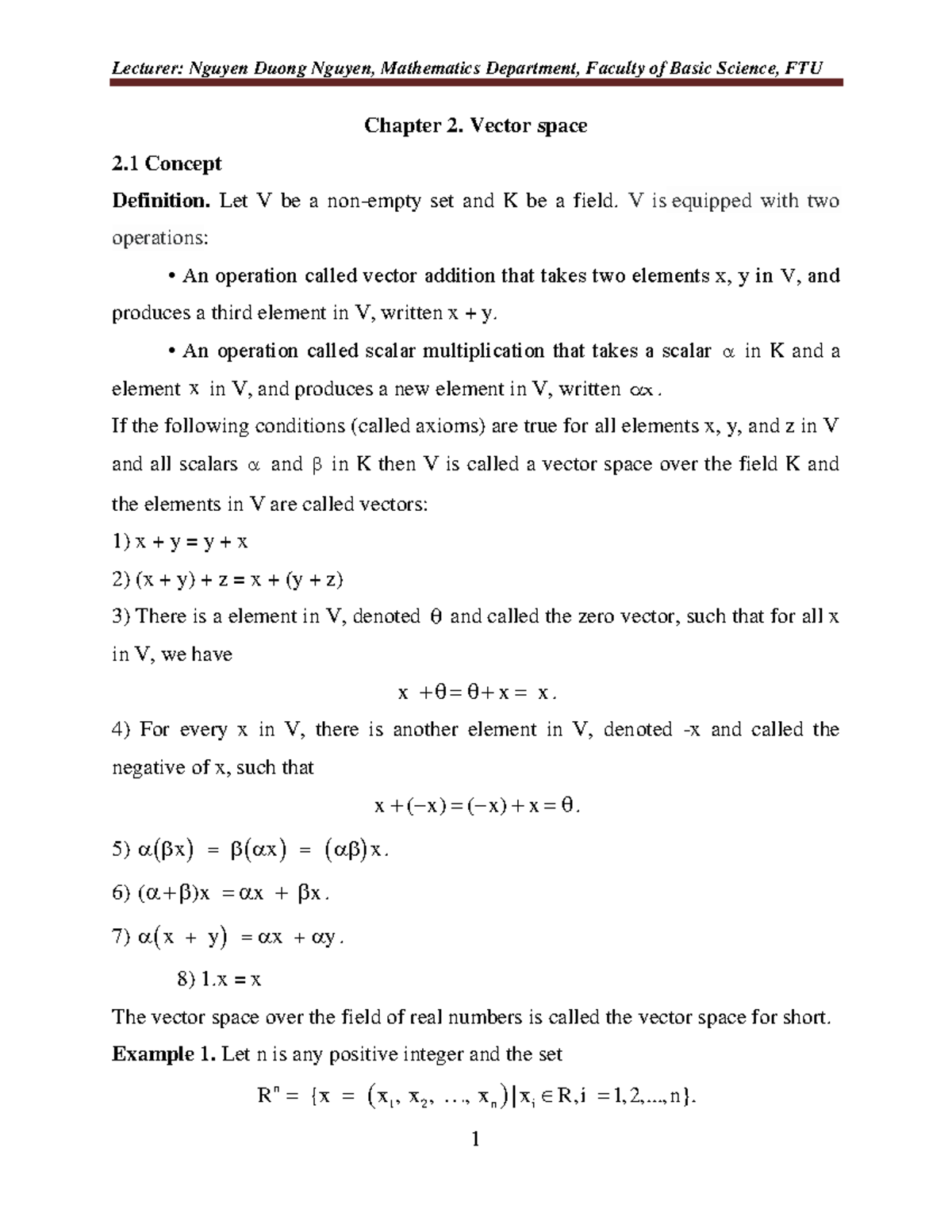 Chapter 2 TCC - Chapter 2. Vector space 2 Concept Definition. Let V be ...