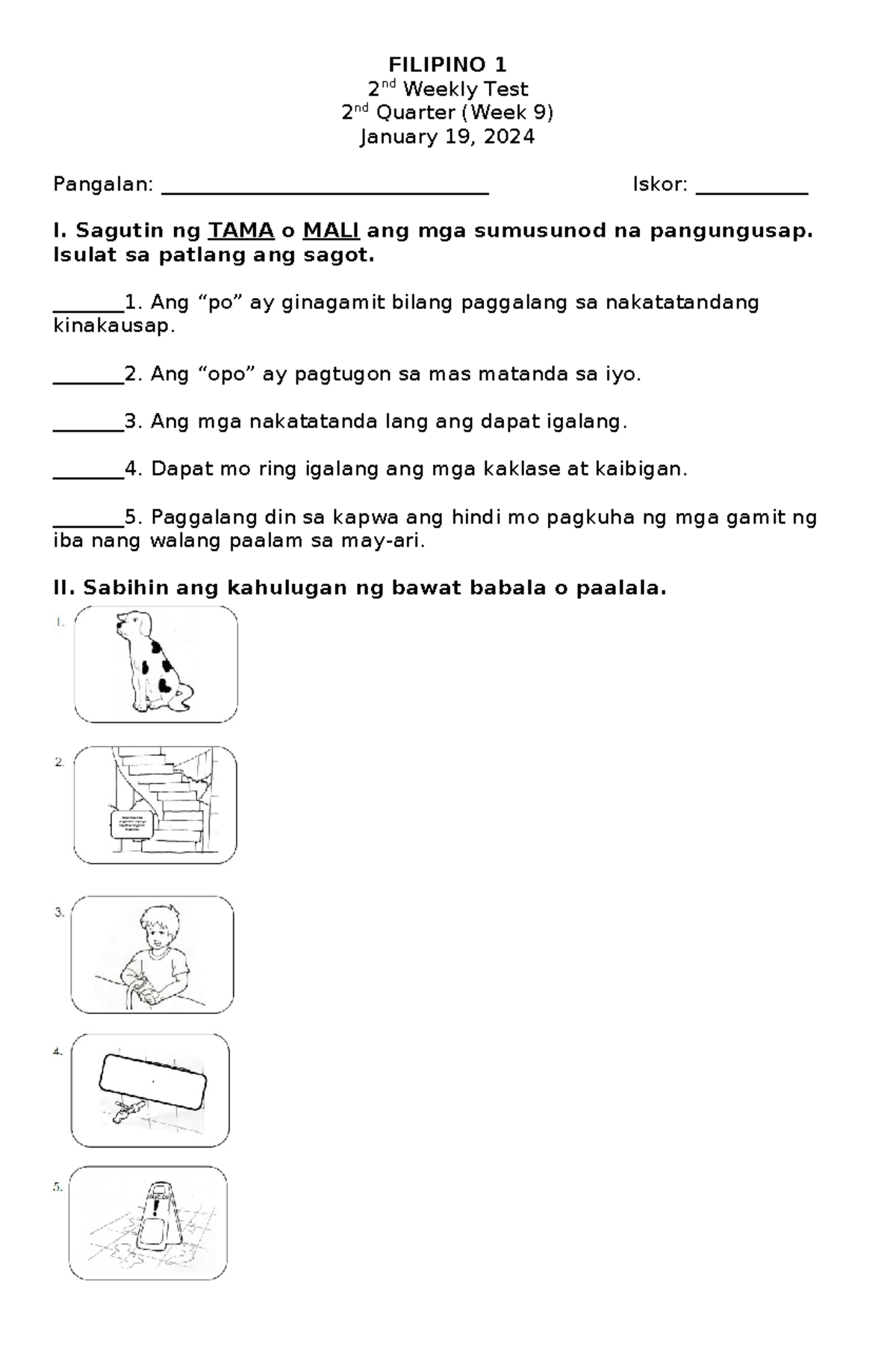 FIL 1 Q2 ST2 - science - FILIPINO 1 2 nd Weekly Test 2 nd Quarter (Week ...
