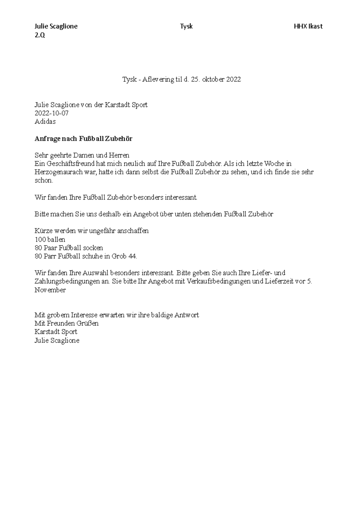 Tysk aflevering - Tysk brev - Julie Scaglione Tysk HHX Ikast 2 Tysk ...