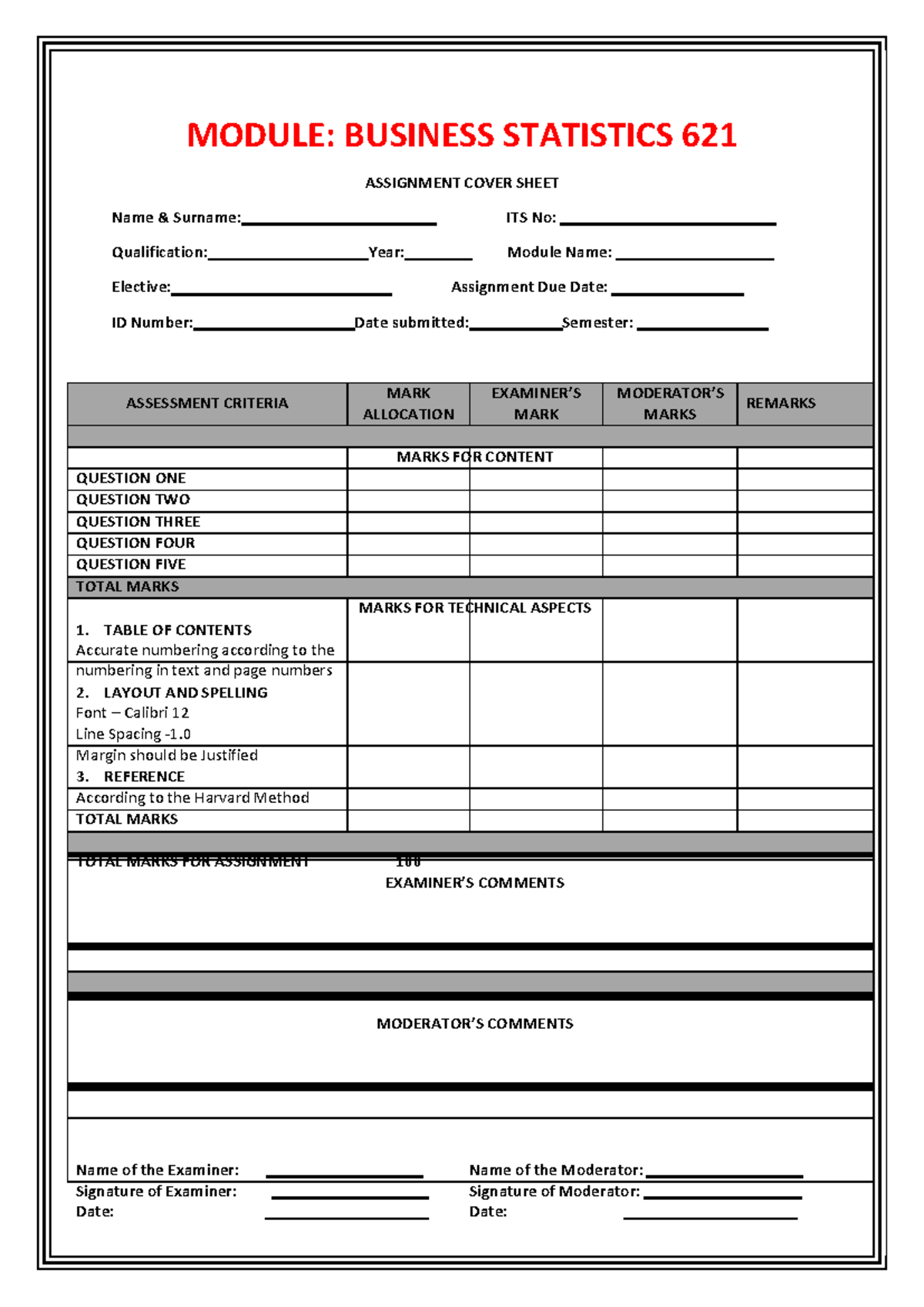 Revised BSS 621 Assign 2024 - MODULE: BUSINESS STATISTICS 621 ASSIGNMENT COVER SHEET Name ...