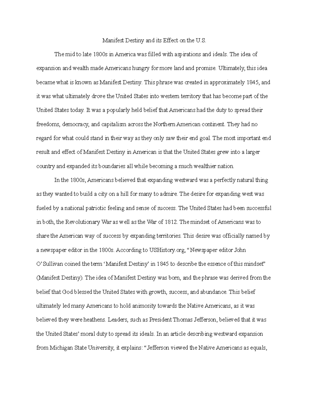 Manifest Destiny - detailed essay - Manifest Destiny and its Effect on ...