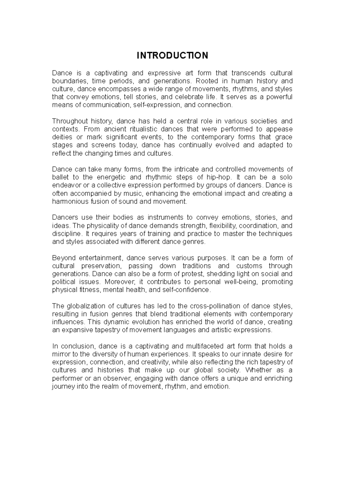 Social- Dance-SY - pe2 about dance - INTRODUCTION Dance is a ...