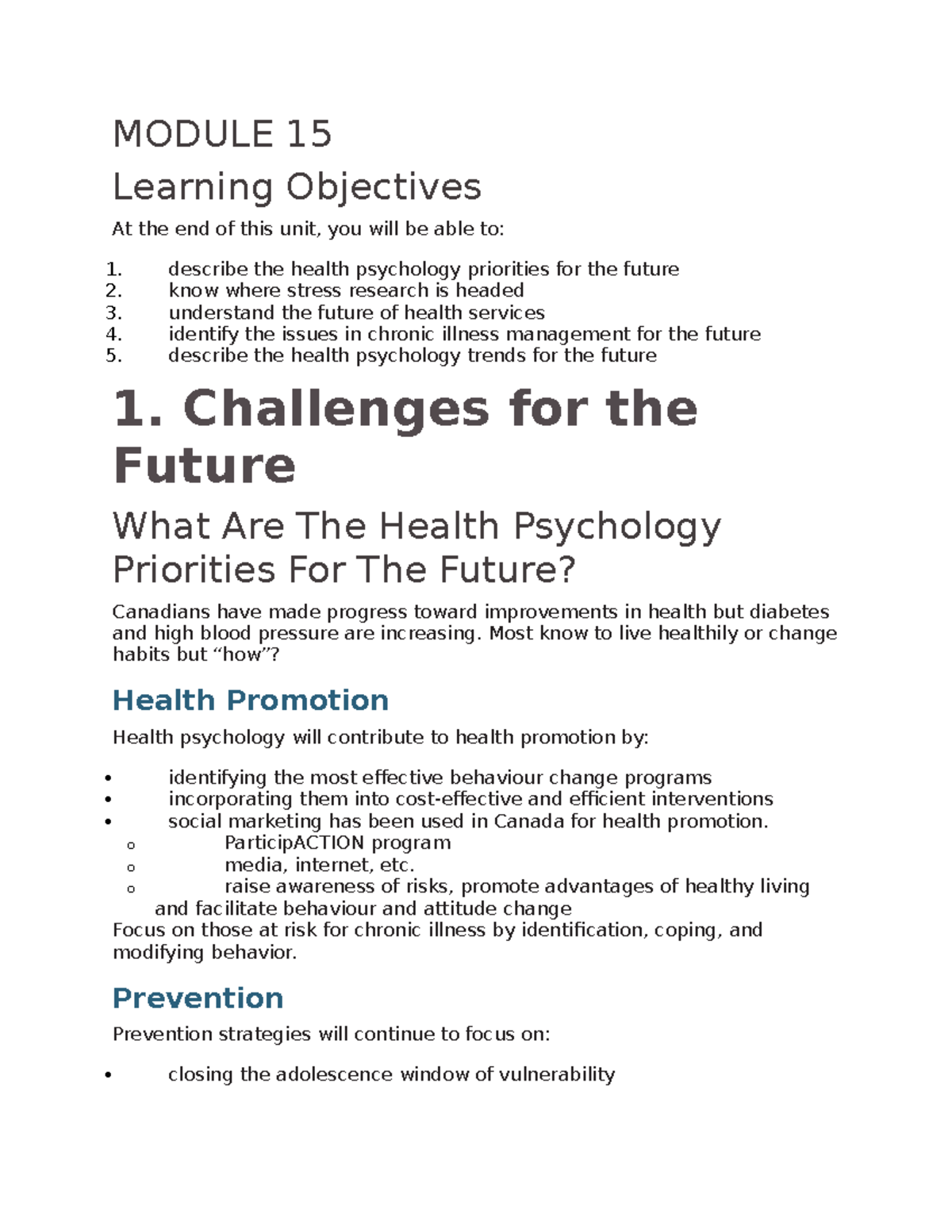 Module 15 -Health Psychology: Challenges for the Future - MODULE 15 ...