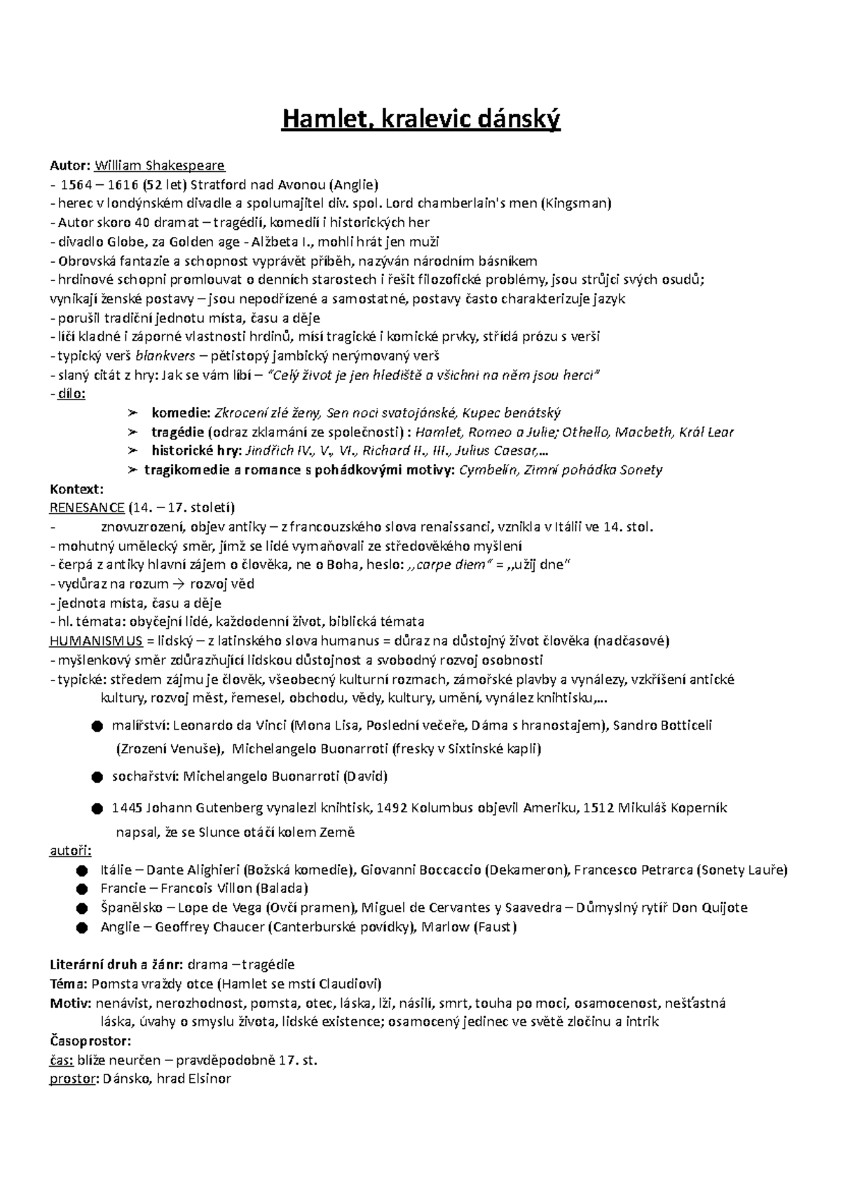 1. Hamlet - Rozbor - Hamlet, kralevic dánský Autor: William Shakespeare ...