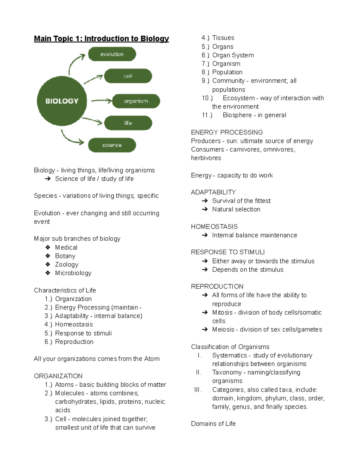 BIO Lecture - bio 101 - Main Topic 1: Introduction to Biology Biology ...