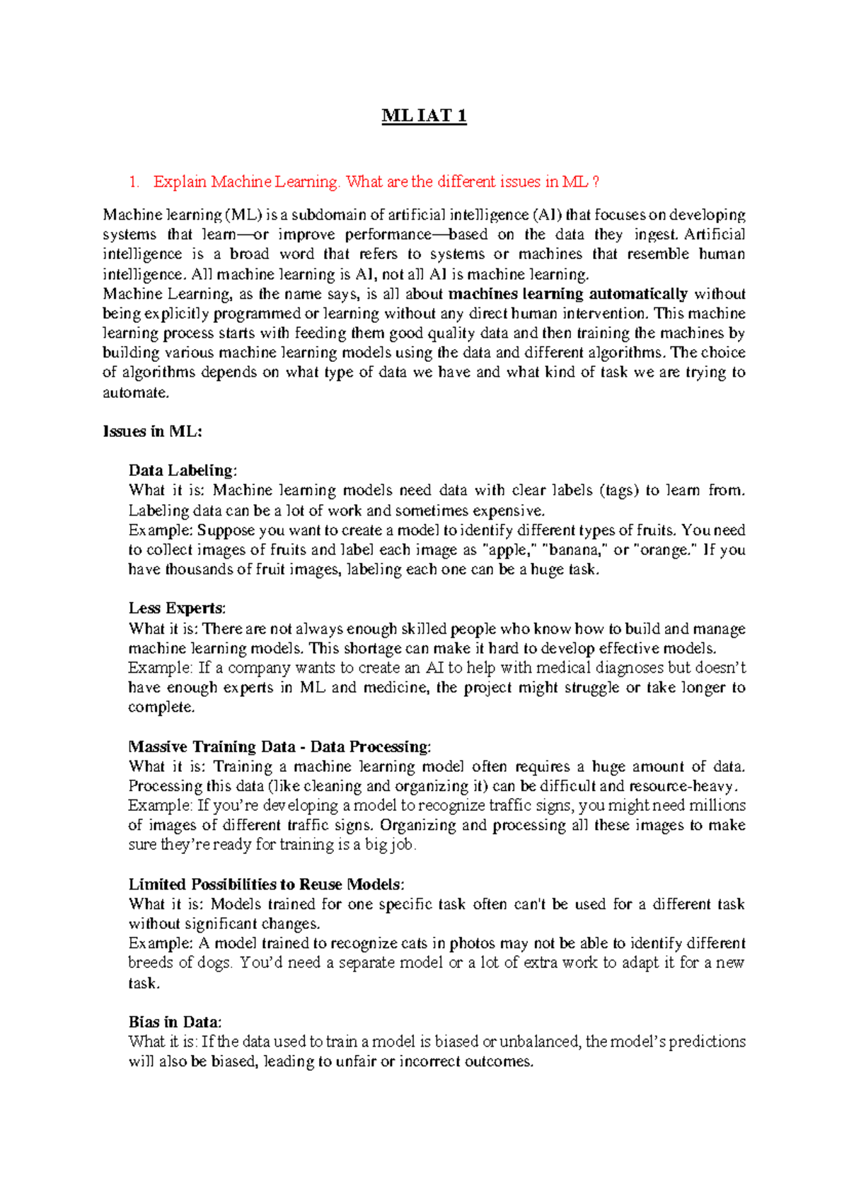 ML IAT 1 - Internal assessment - ML IAT 1 Explain Machine Learning. What are the different ...