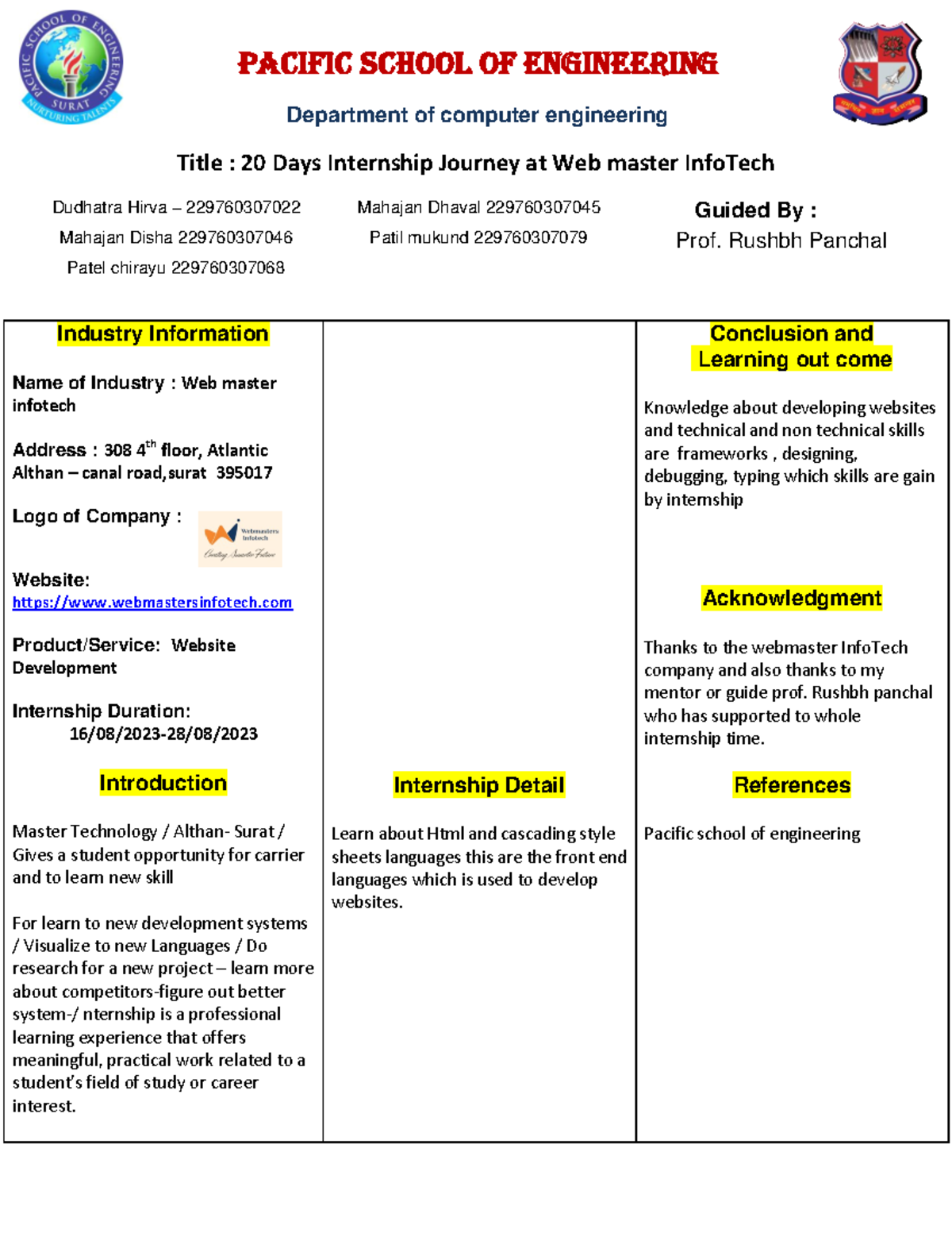 Poster of internship - fnnkfmekflef - Pacific school of engineering ...