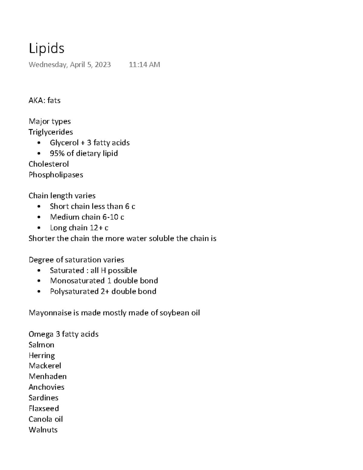 Lipids - AKA: fats Major types Triglycerides - Glycerol + 3 fatty acids ...