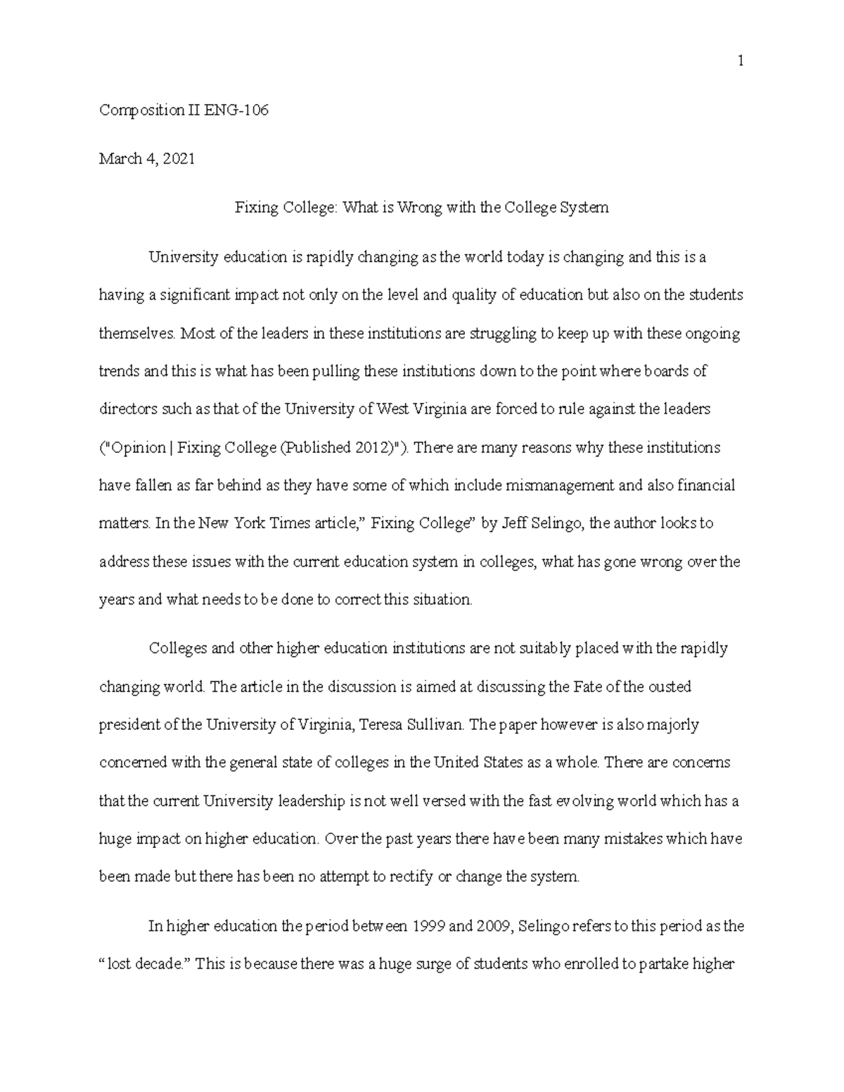 Fixing College - Composition II ENG- March 4, 2021 Fixing College: What ...