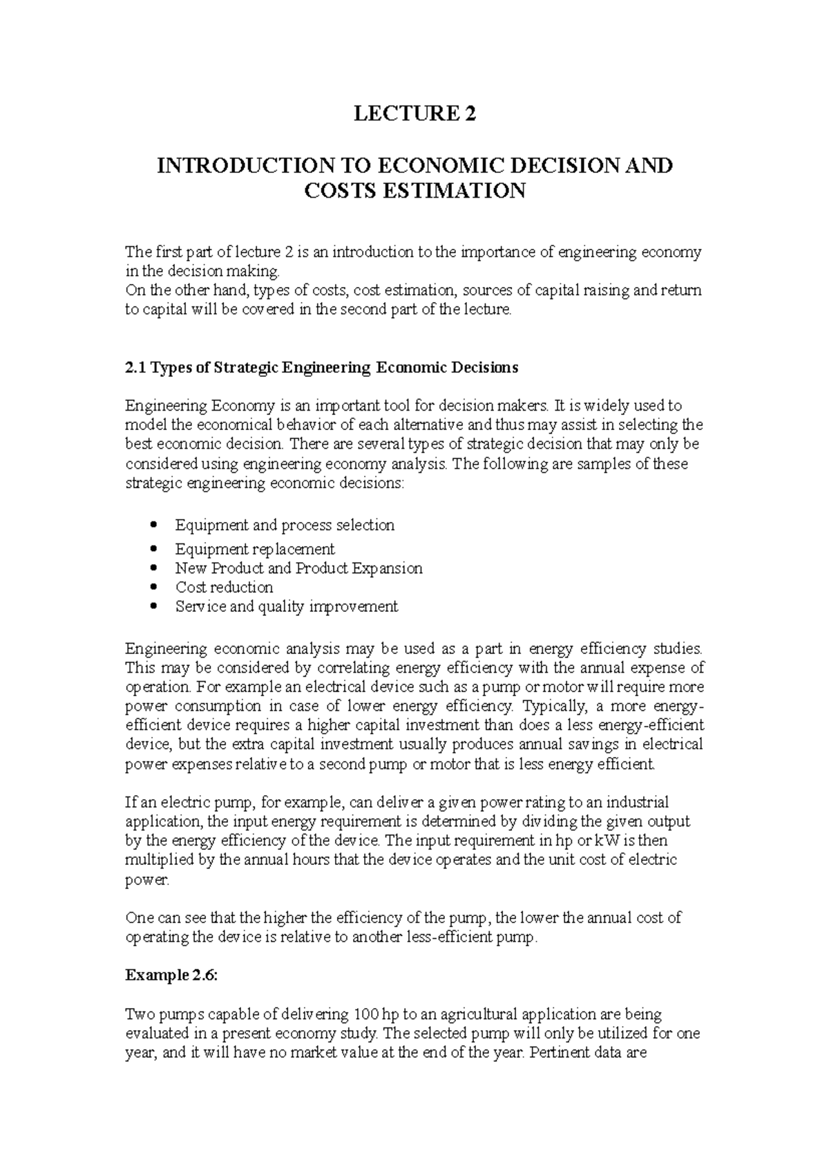 Lecture 2 - LECTURE 2 INTRODUCTION TO ECONOMIC DECISION AND COSTS ...