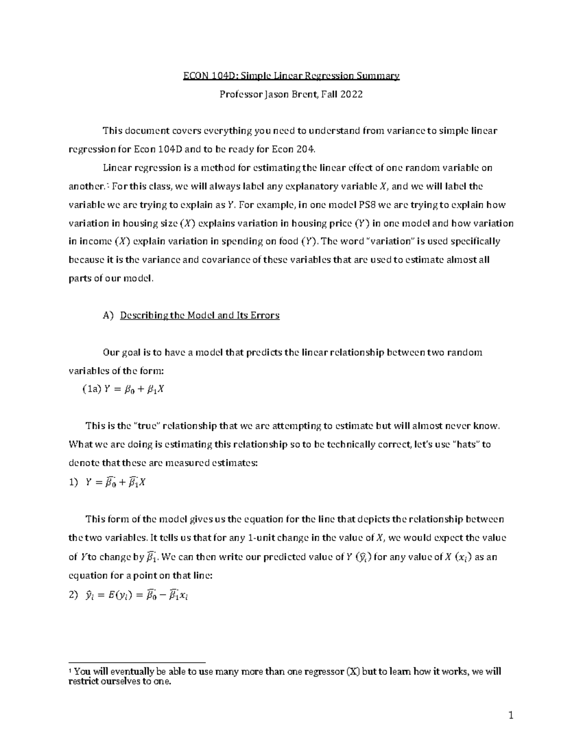 Simple Linear Regression Summary Econ 104d Simple Linear Regression Summary Professor Jason