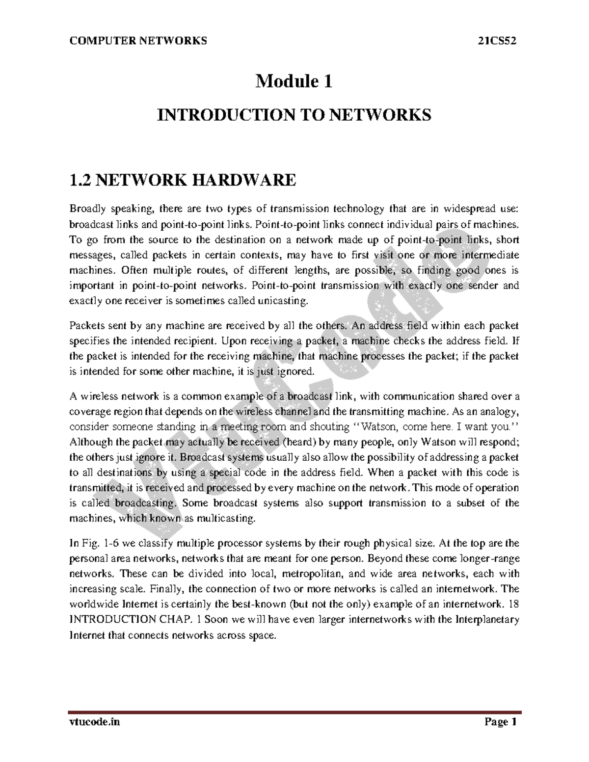 Computer-network-21cs52 - Page 1 Module 1 INTRODUCTION TO NETWORKS 1 NETWORK HARDWARE Broadly ...