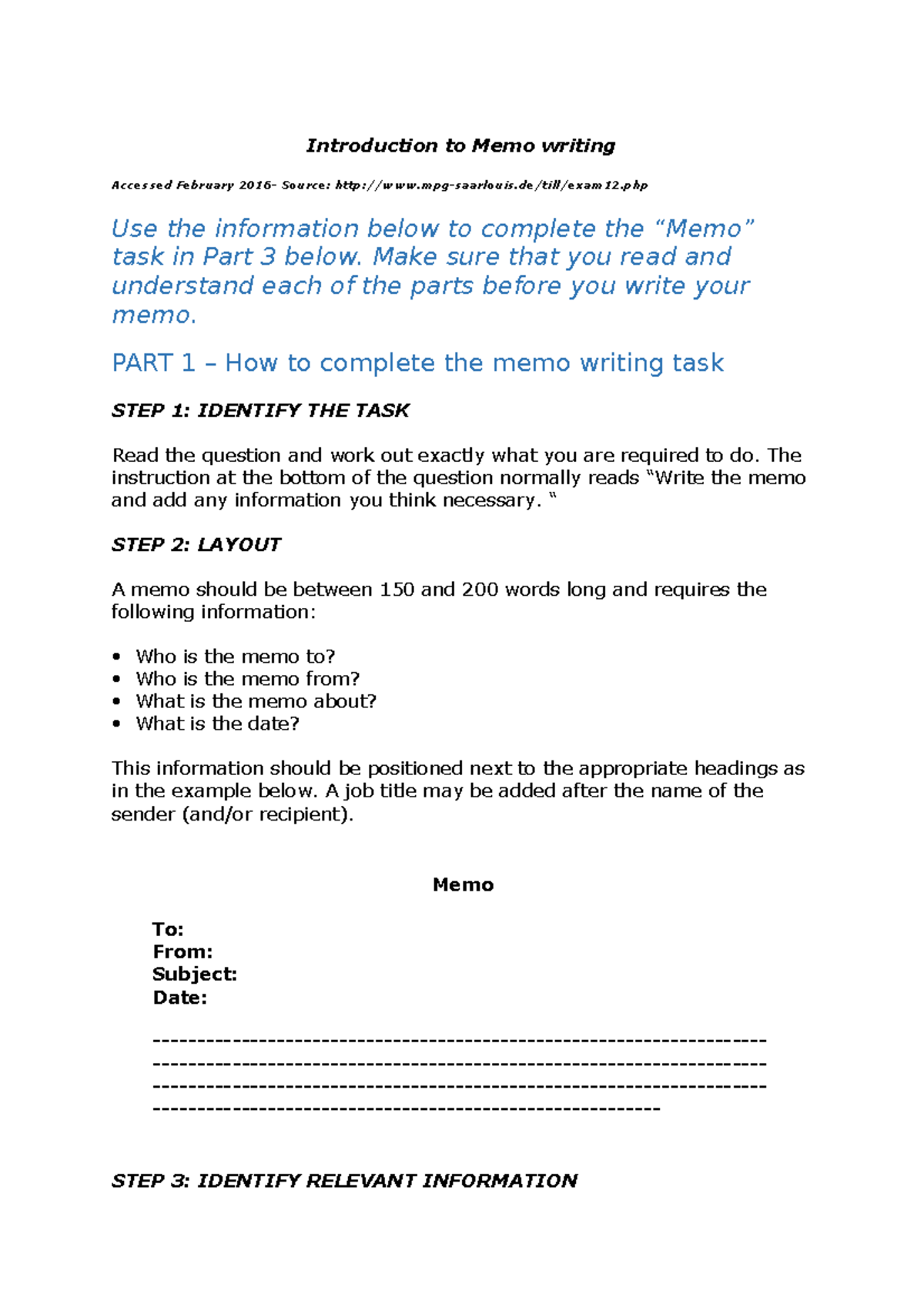 Introduction to Memo writing notes & task - Introduction to Memo ...