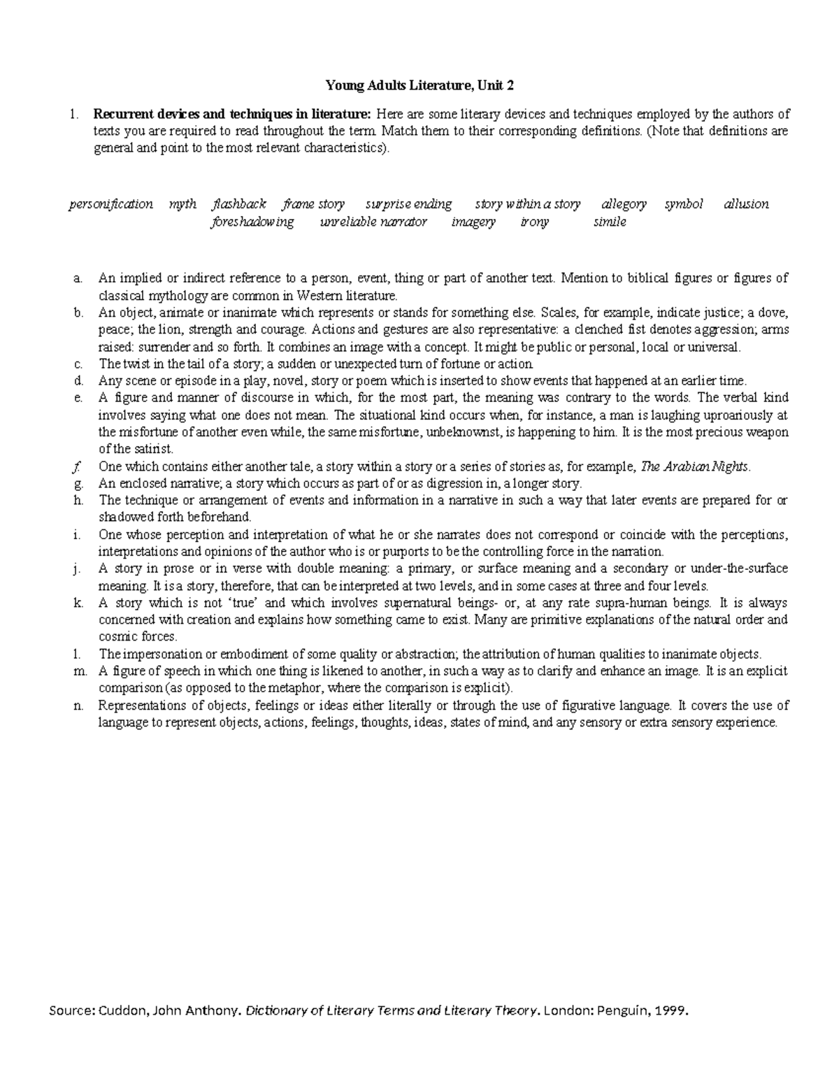 Printable - Practice - Young Adults Literature, Unit 2 1. Recurrent ...