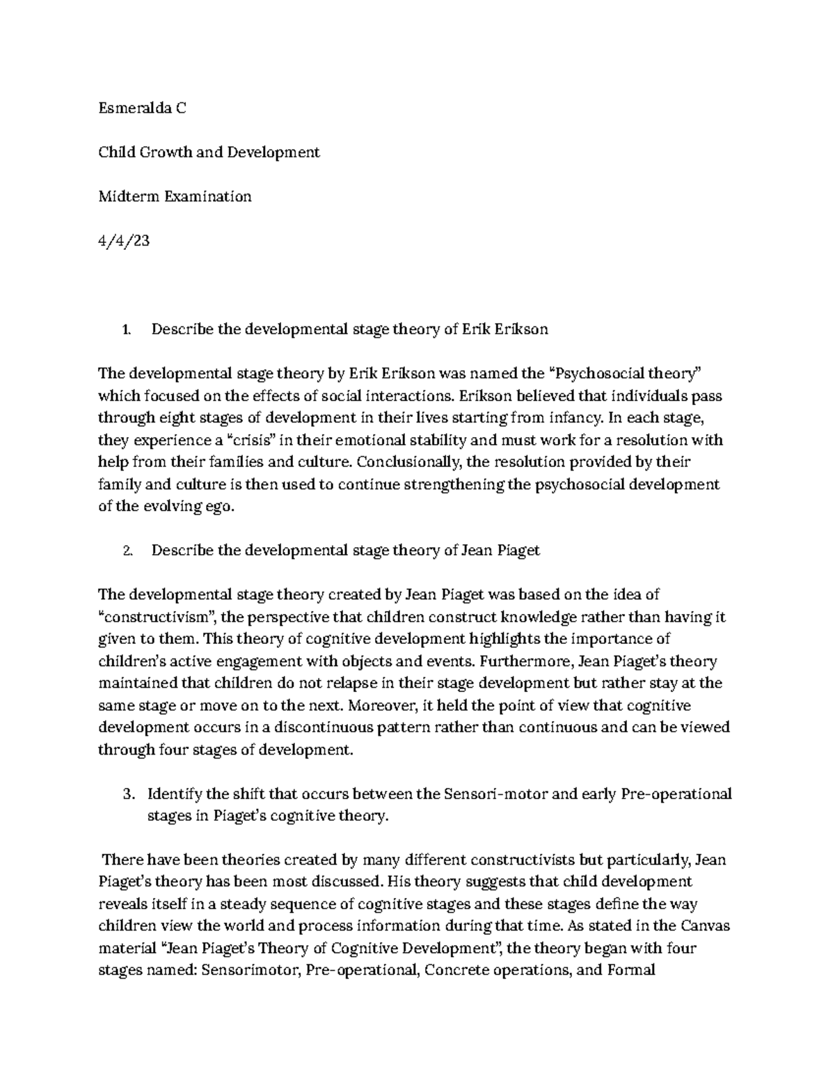 Midterm Exam CDEV - Esmeralda C Child Growth and Development Midterm ...