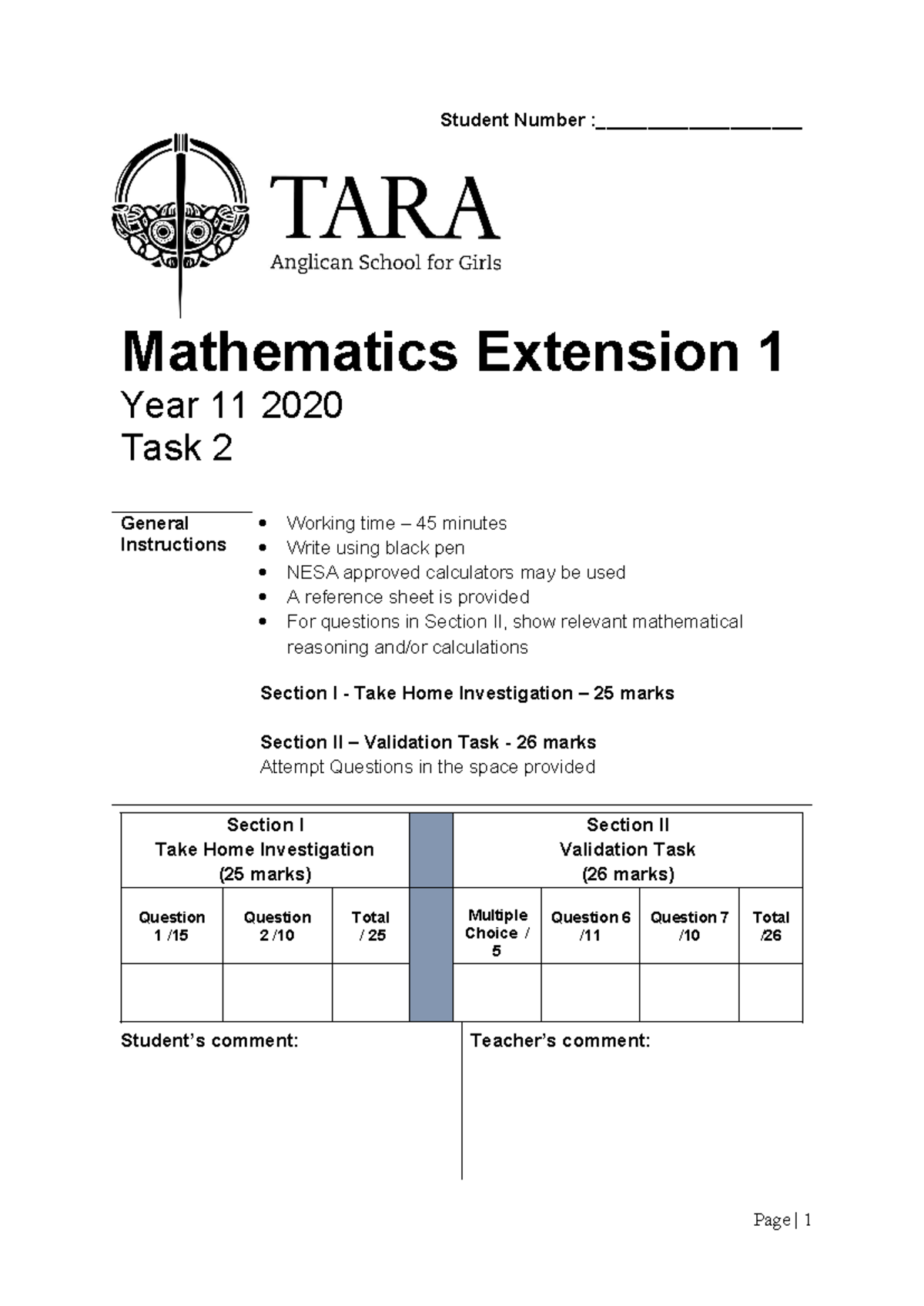 2020 y11 mat ext1 t2 task version 2 - Student Number :____________________ Mathematics Extension ...