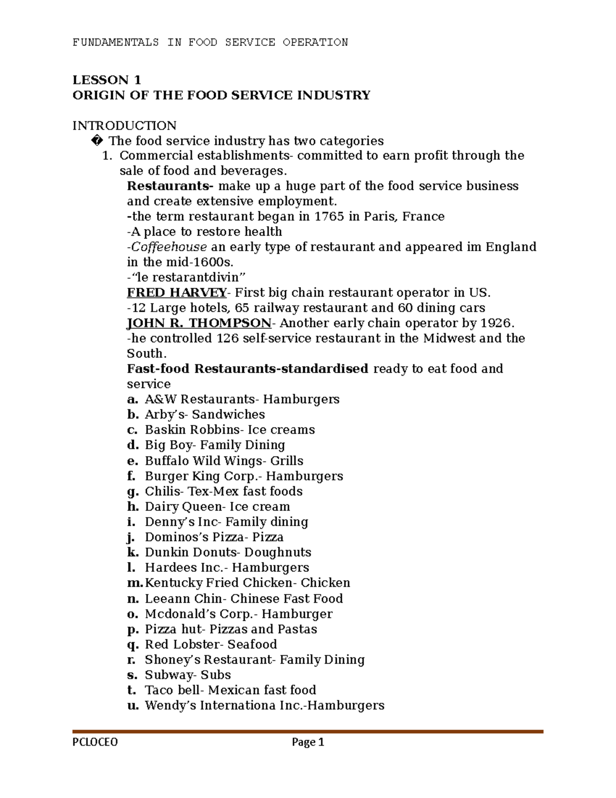 FBS-Lesson 1 - lesson1 - LESSON 1 ORIGIN OF THE FOOD SERVICE INDUSTRY ...