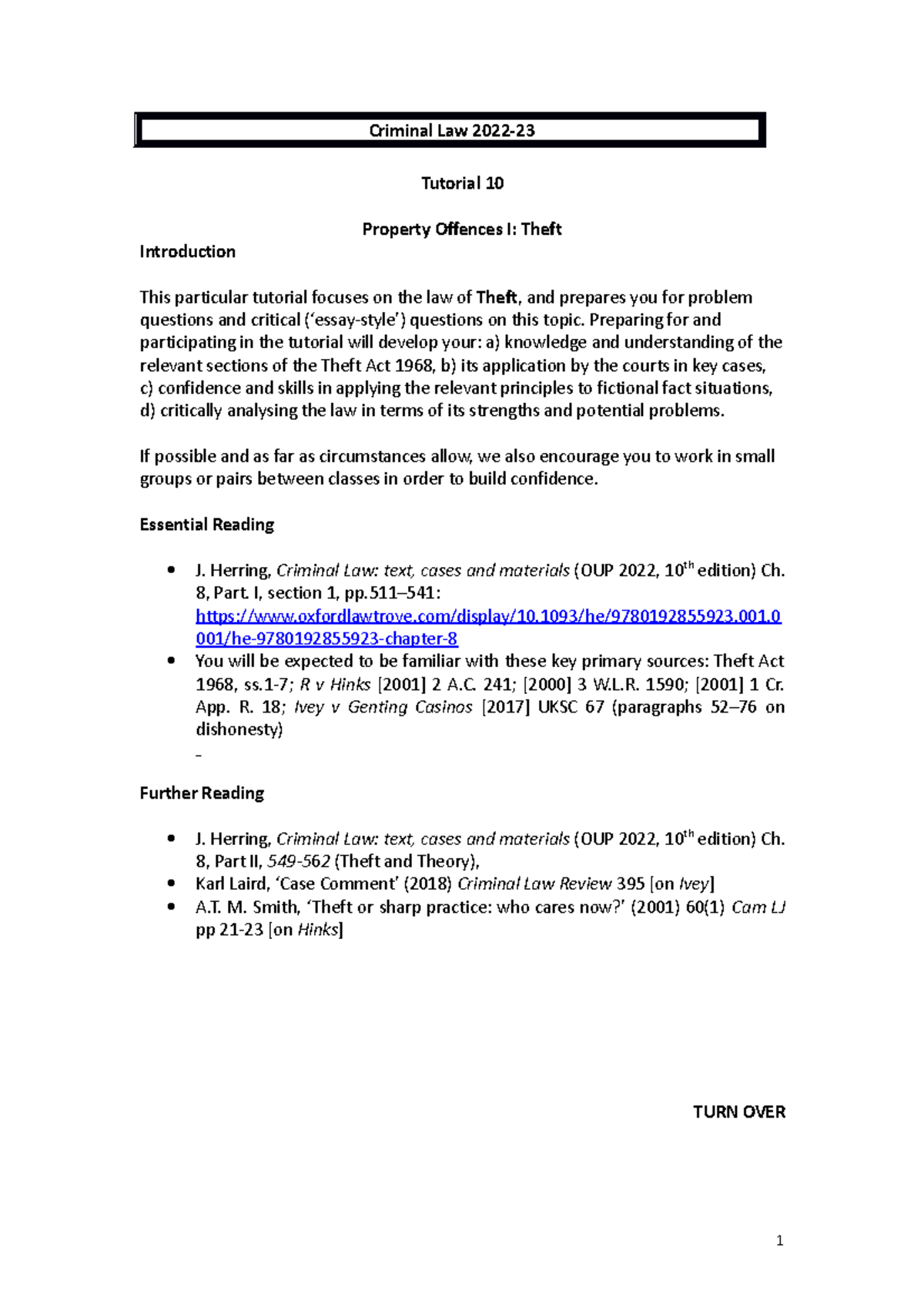 Tutorial 1 (property I-Theft) 22-23 - Criminal Law 2022- Tutorial 10 Property Offences I: Theft ...