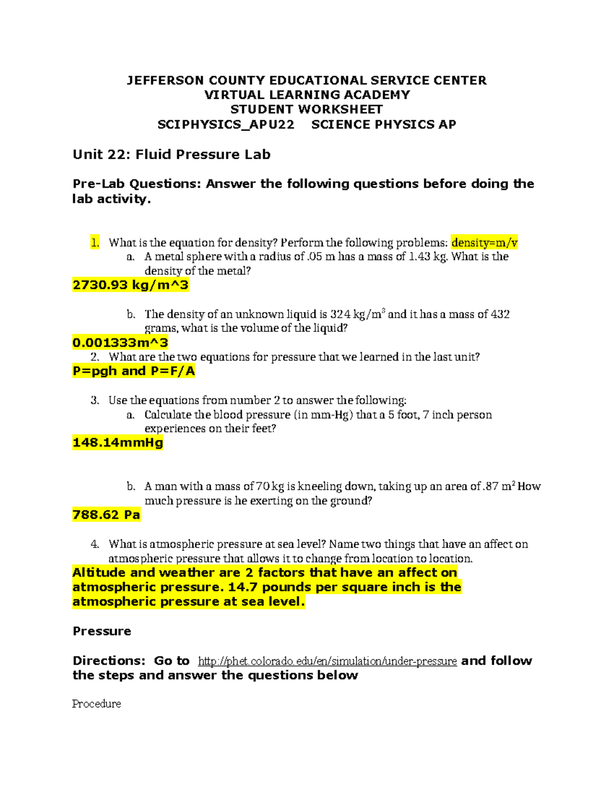 Unit 22 Fluids; under pressure and density labs - JEFFERSON COUNTY ...