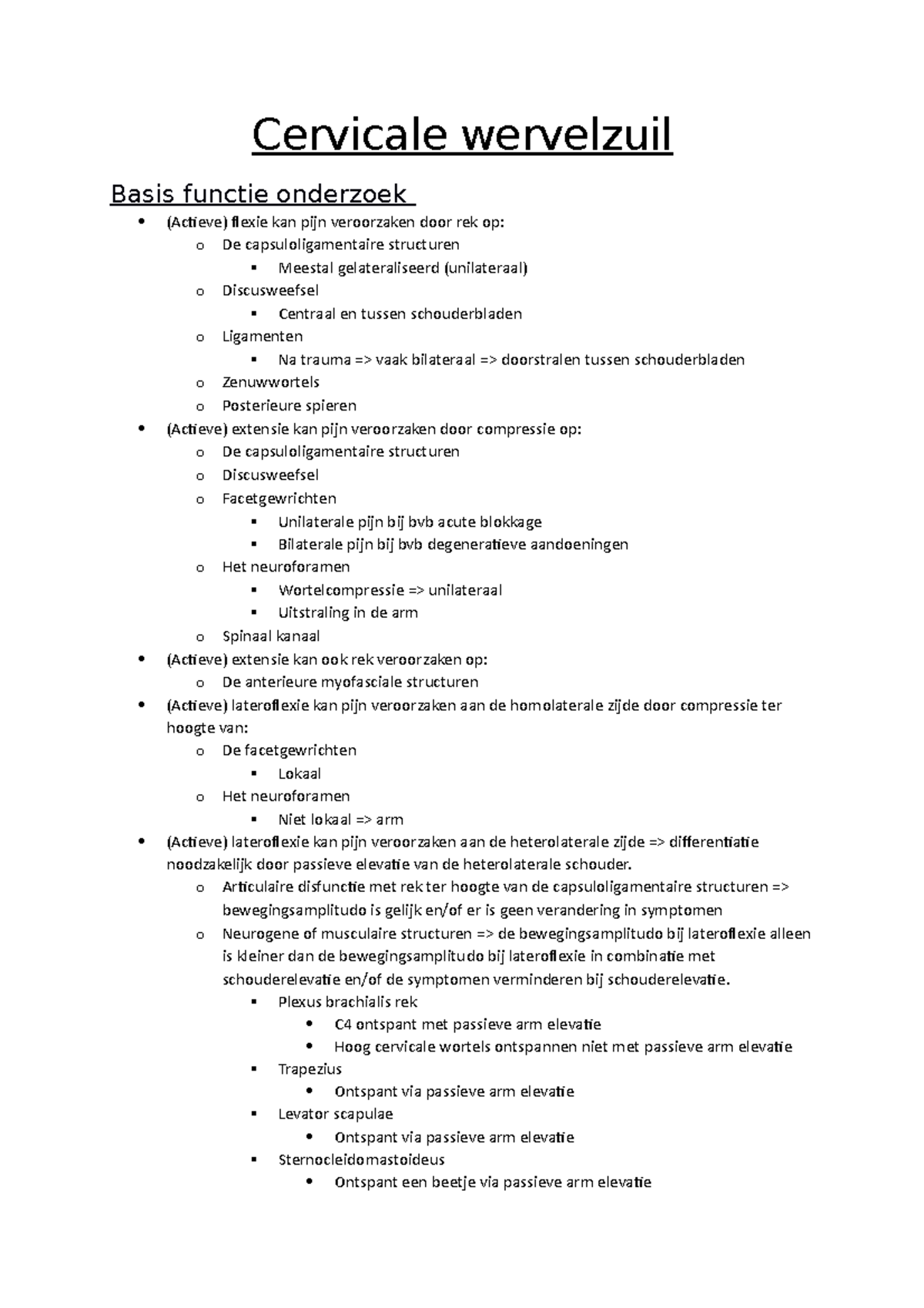 Samenvatting praktijk - Cervicale wervelzuil Basis functie onderzoek ...